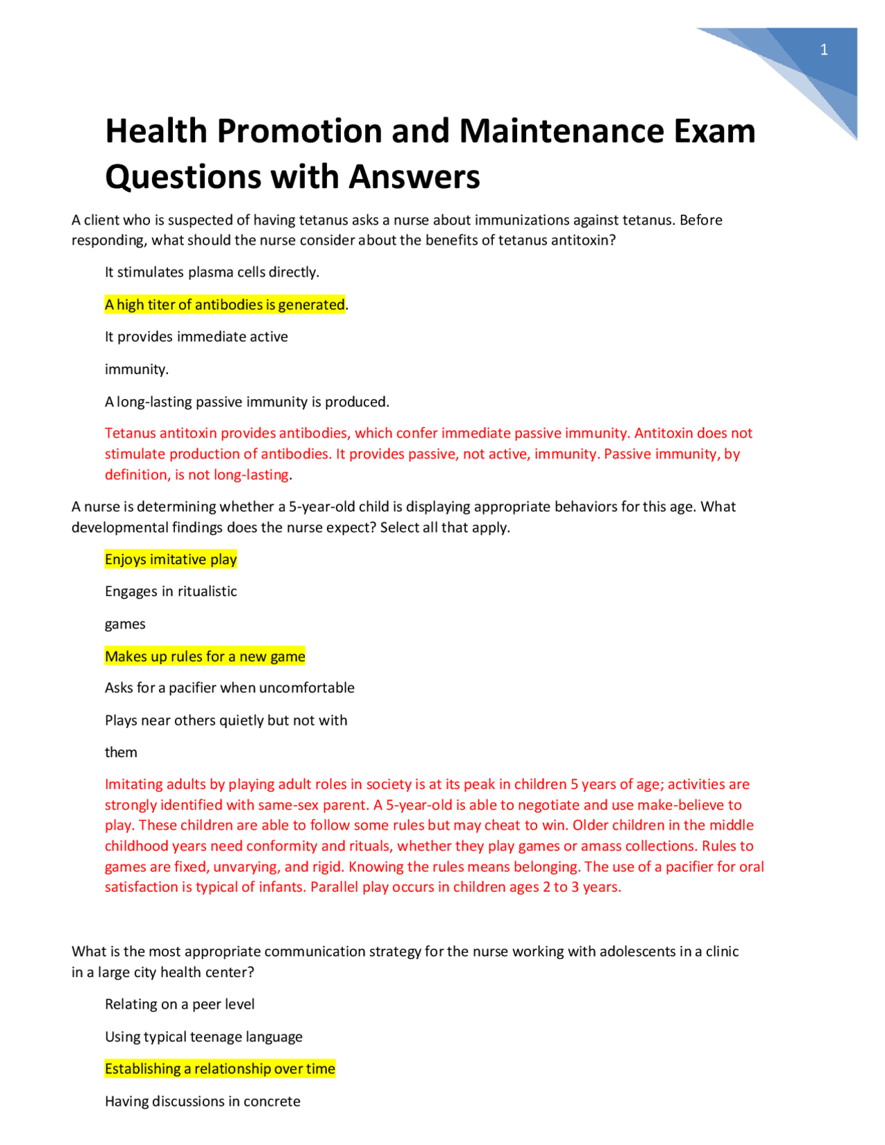 BIO 256 Health Promotion and Maintenance Exam Questions with Answers ...