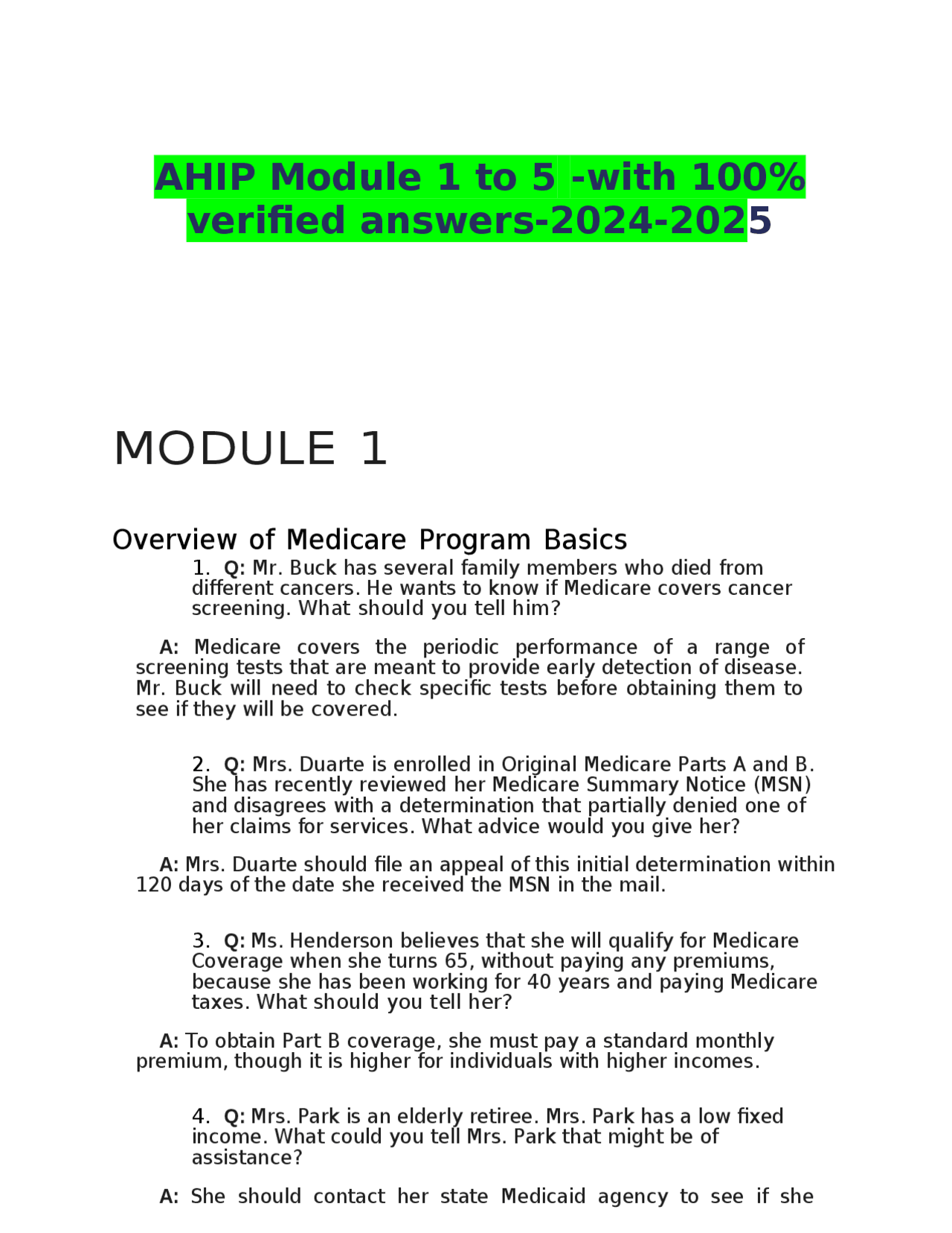 AHIP Module 1 to 5 -with 100% verified answers-2024-2025 .docx | Exams Nursing | Docsity