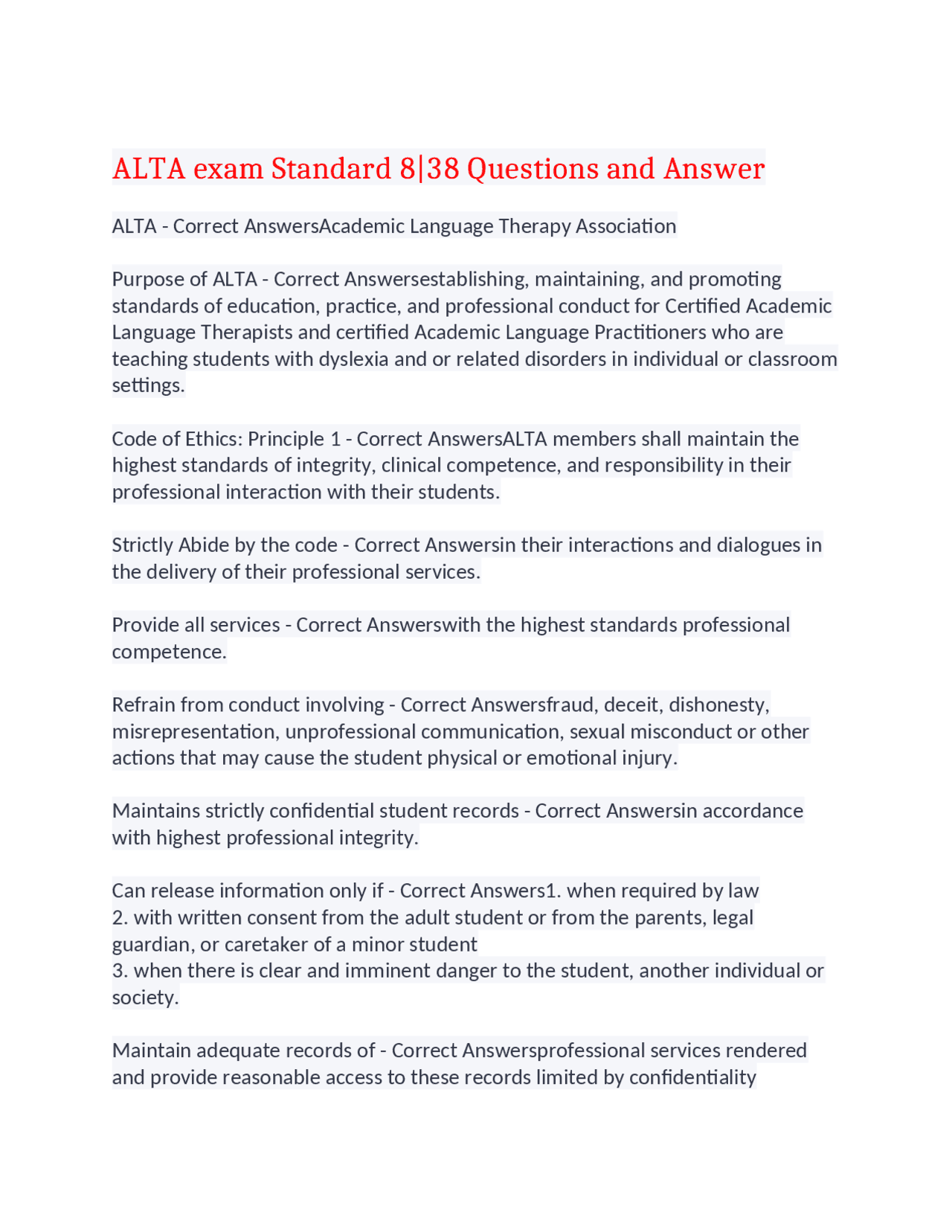 ALTA exam Standard 8 Questions with Verified Answers,100% CORRECT ...