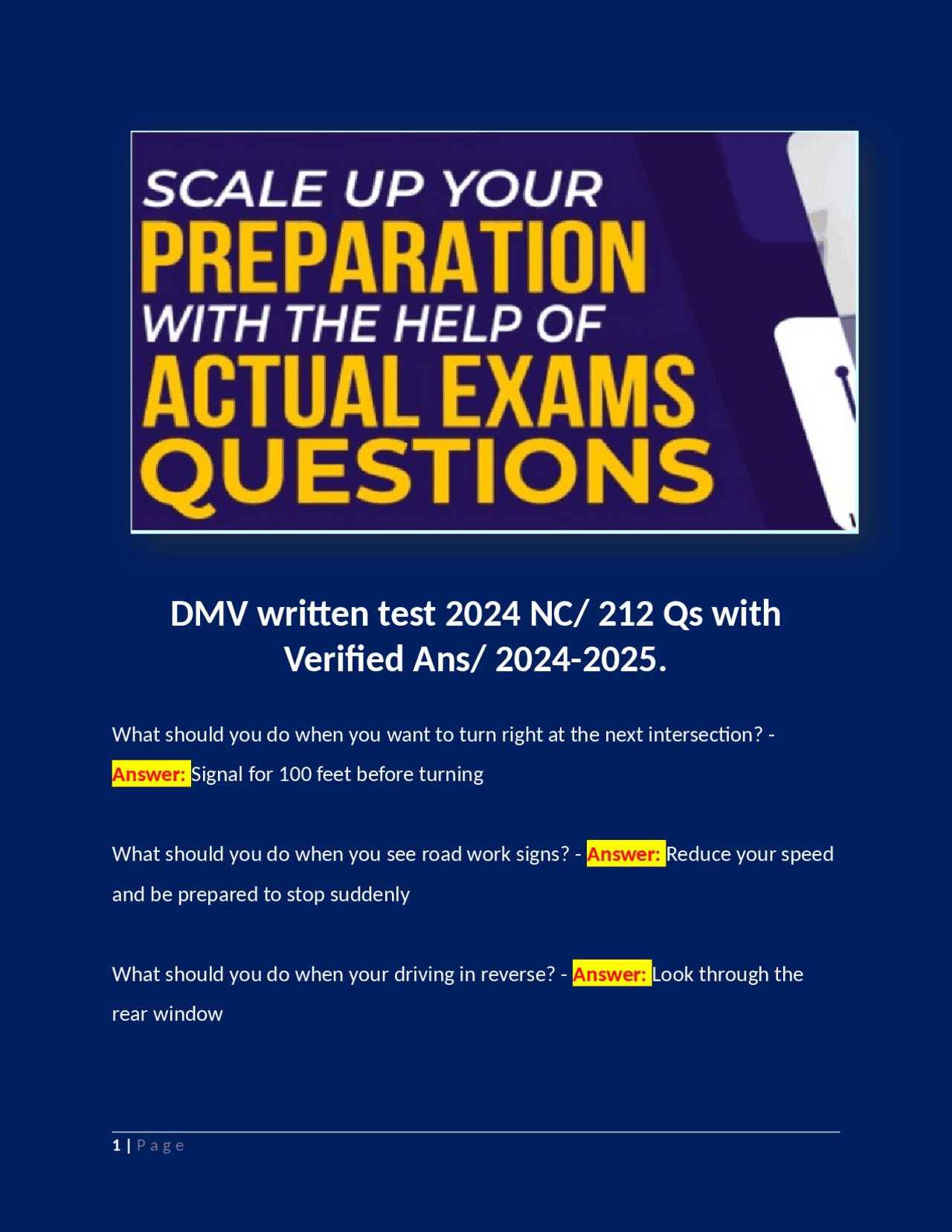 DMV written test 2024 NC/ 212 Qs with Verified Ans/ 2024-2025. | Exams ...