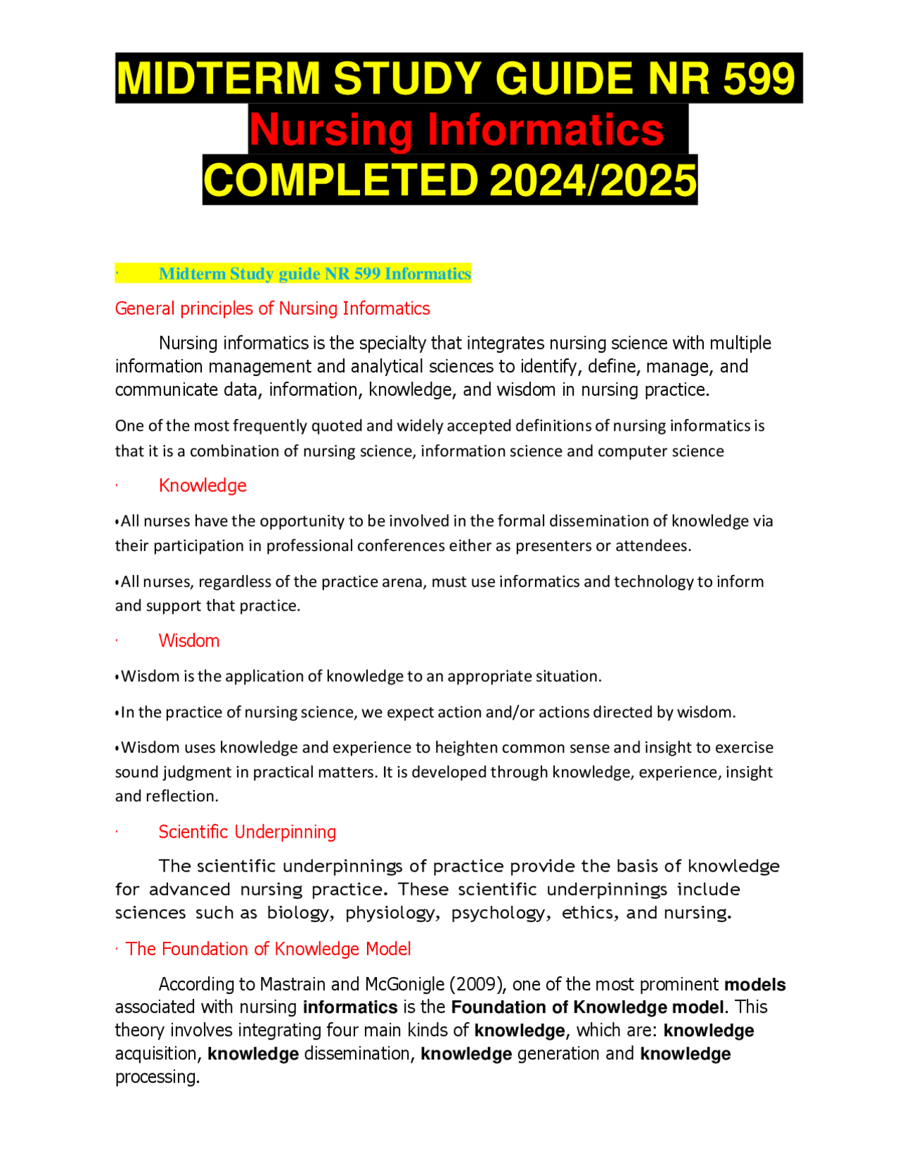 MIDTERM STUDY GUIDE NR 599 Nursing Informatics COMPLETED 2024-2025 ...