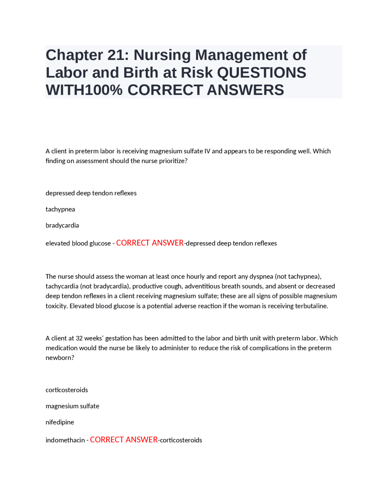 Chapter 21: Nursing Management of Labor and Birth at Risk QUESTIONS ...