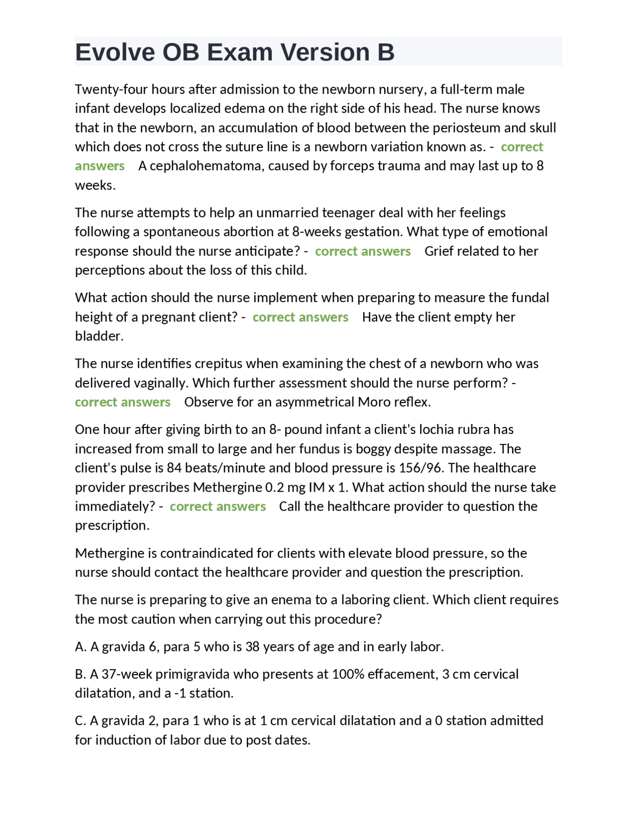 Evolve OB Exam Version B 100 questions and answers Latest solution ...