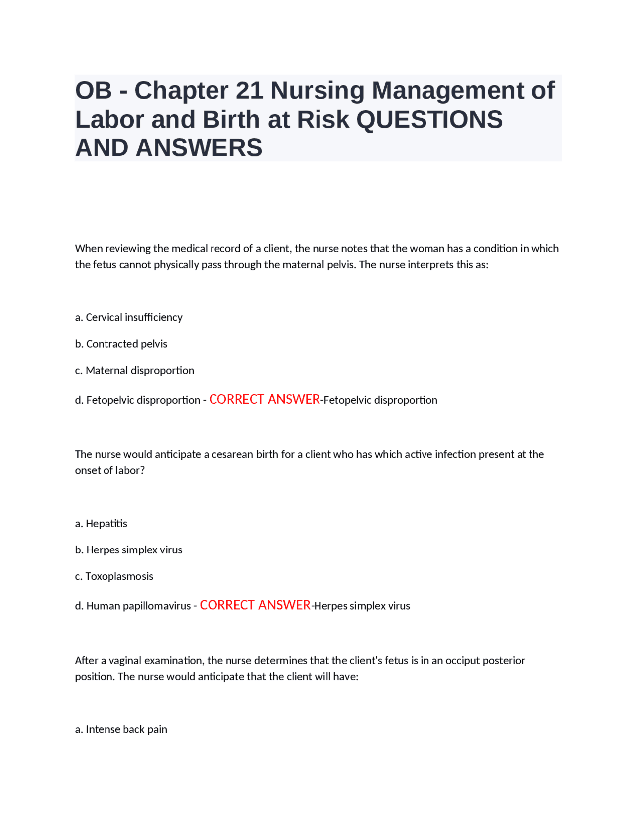 OB - Chapter 21 Nursing Management of Labor and Birth at Risk QUESTIONS AND ANSWERS | Exams ...