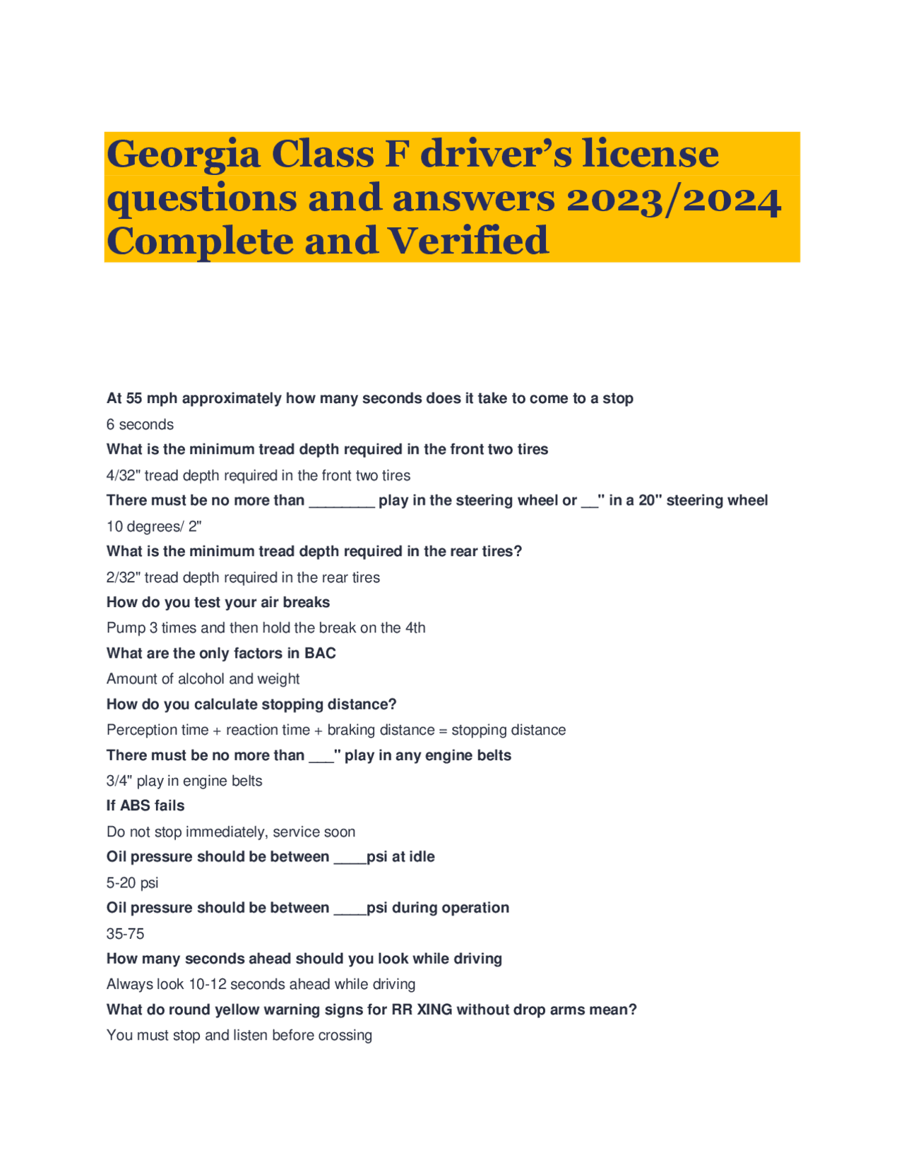 Georgia Class F driver’s license questions and answers 2023/2024 ...