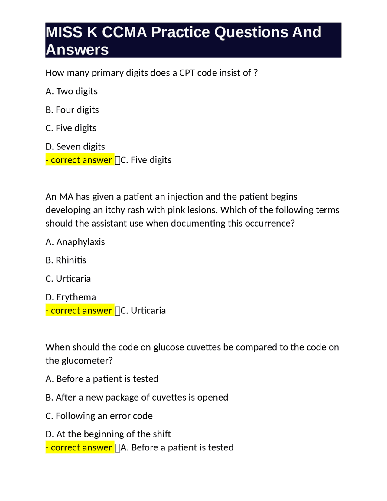 MISS K CCMA Practice Questions And Answers | Exams Medicine | Docsity