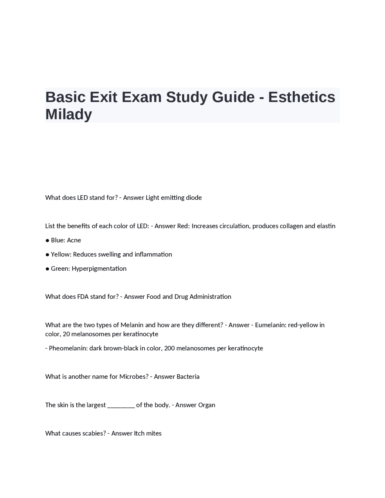 Basic Exit Exam Study Guide Questions and Answers - Esthetics Milady ...