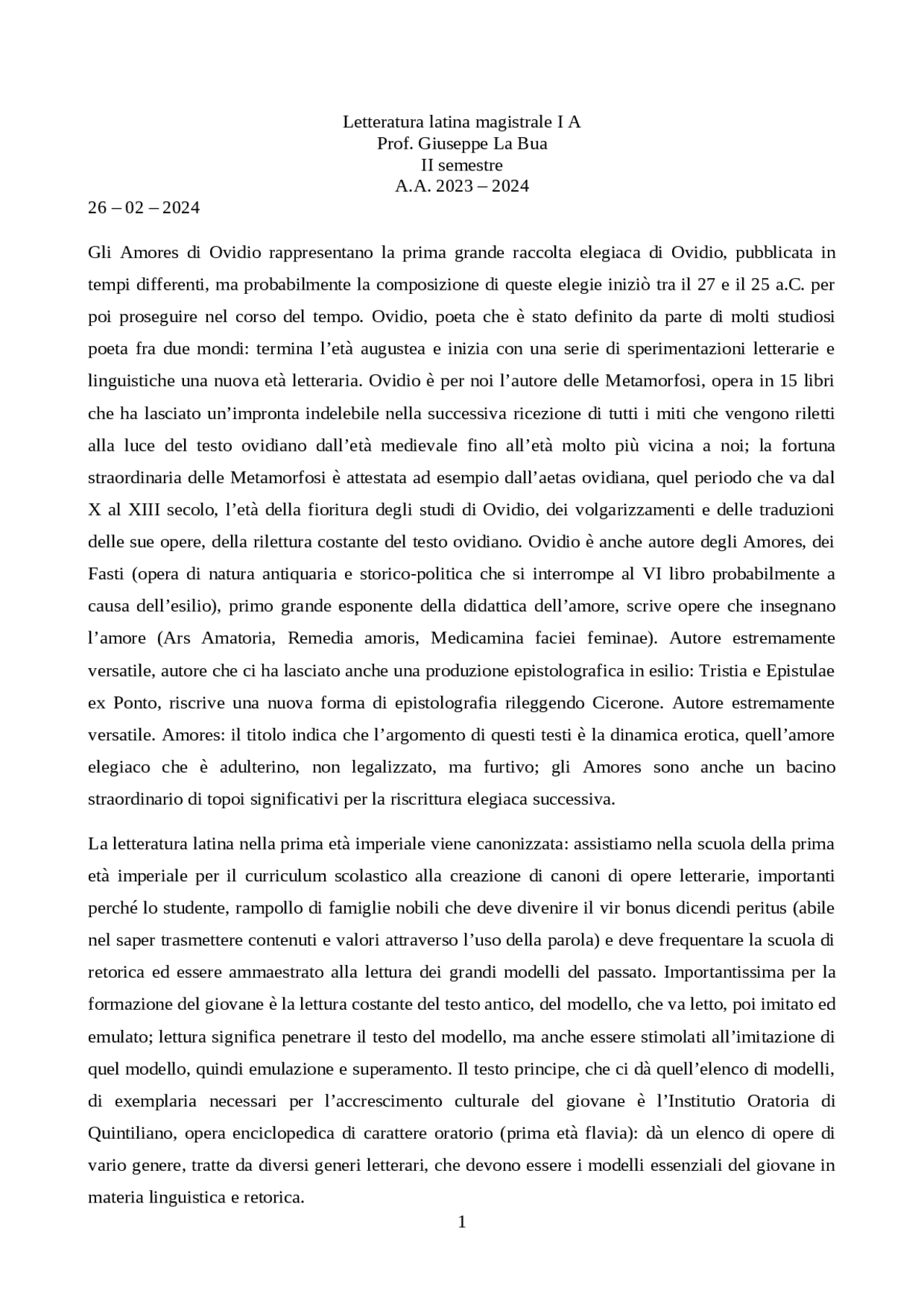 Letteratura latina magistrale. Gli Amores | Appunti di Letteratura latina | Docsity