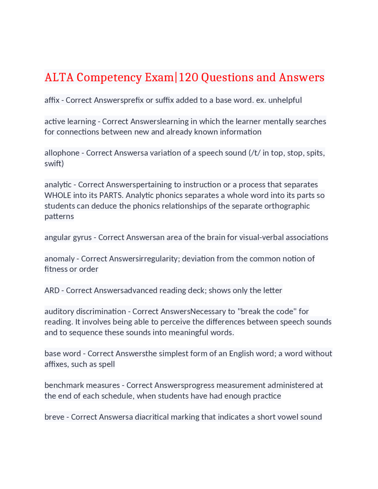 ALTA Competency Exam Questions with Verified Answers,100% CORRECT ...