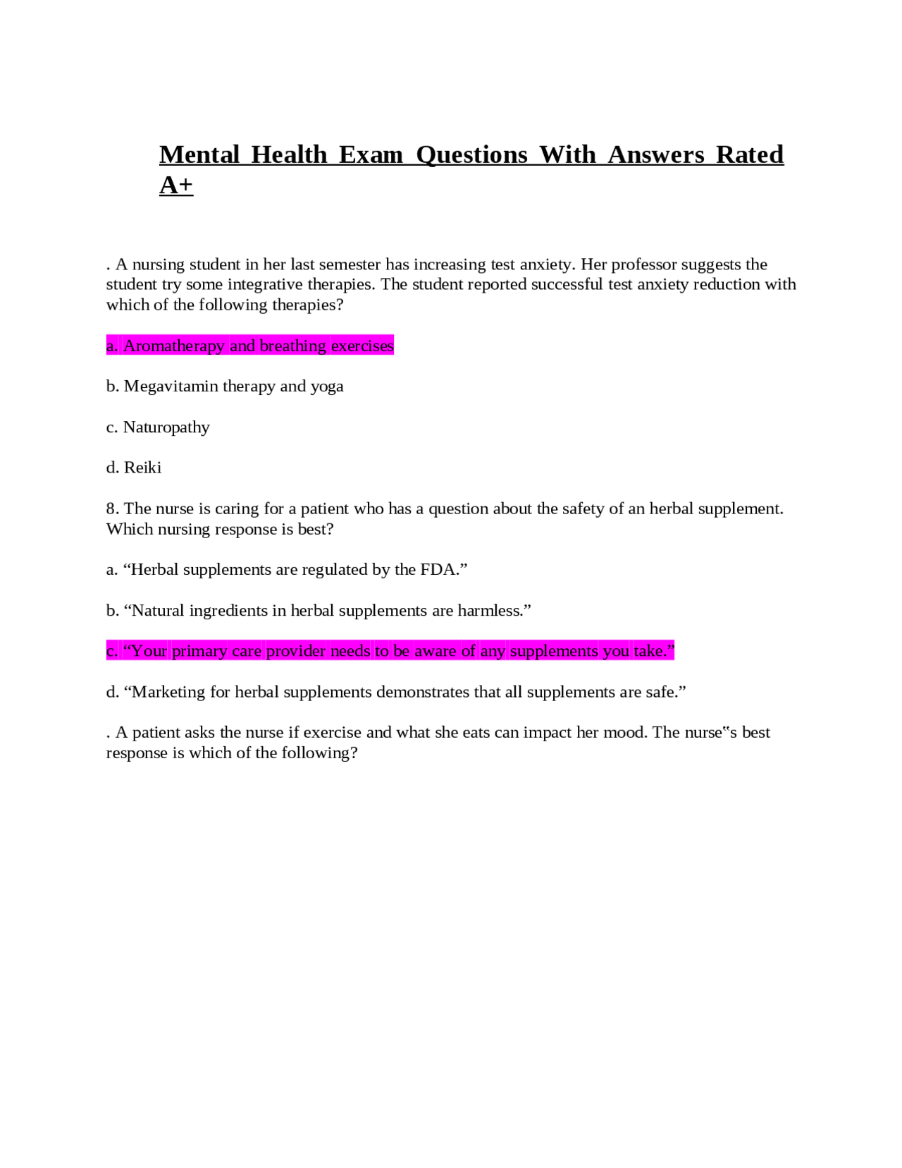 Mental Health Exam Questions With Answers Rated A+ | Exams Nursing ...