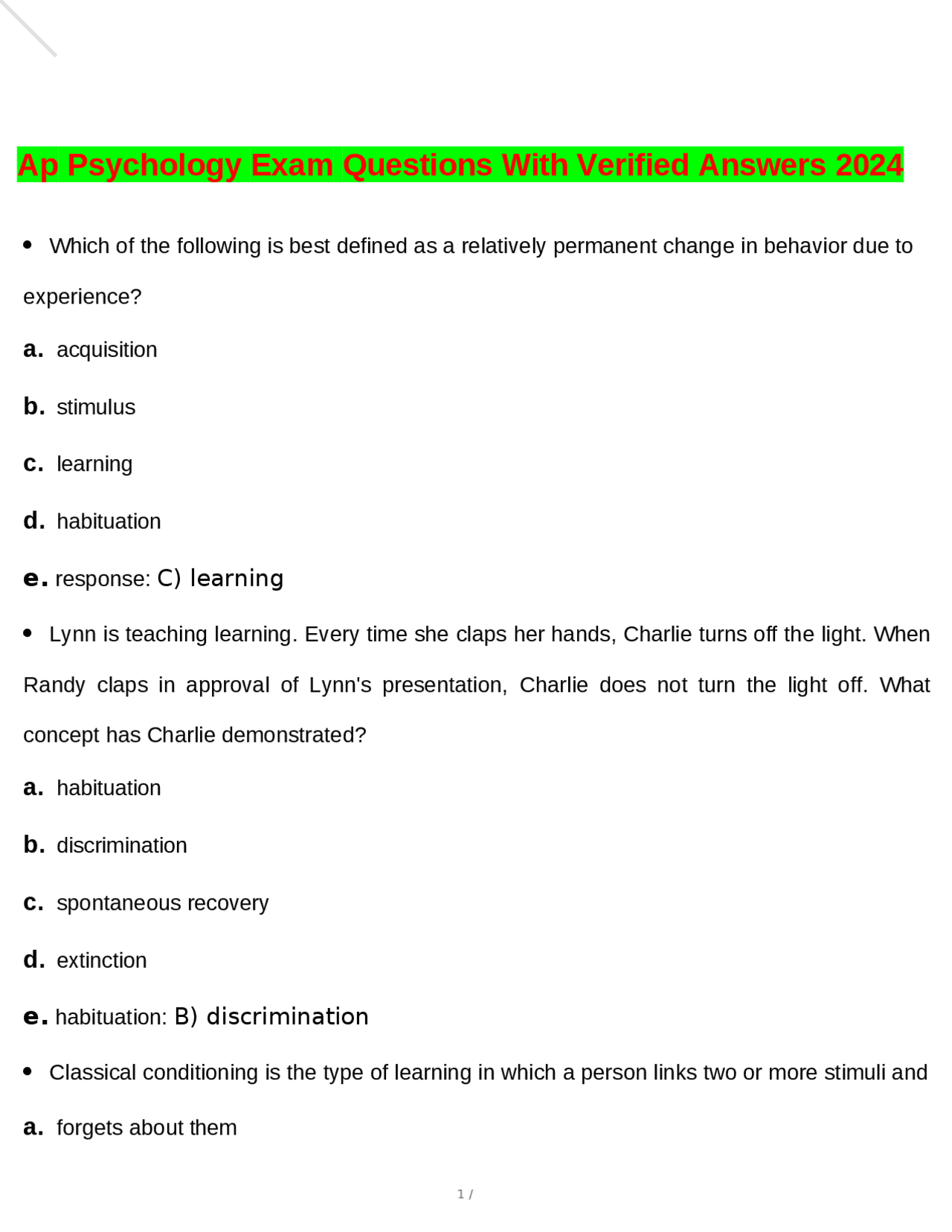 Ap Psychology Exam Questions With Verified Answers 2024 | Exams ...