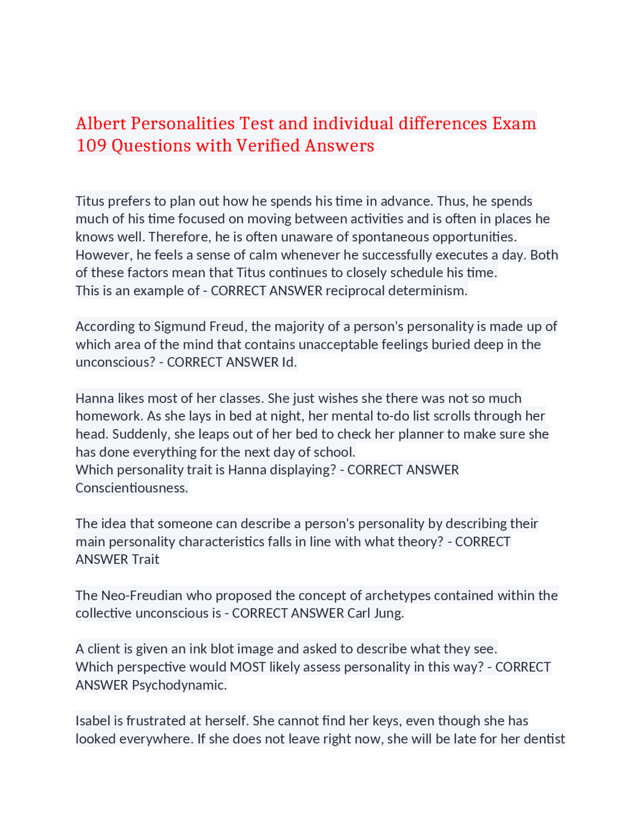 Albert Personalities Test and individual differences Exam Questions ...