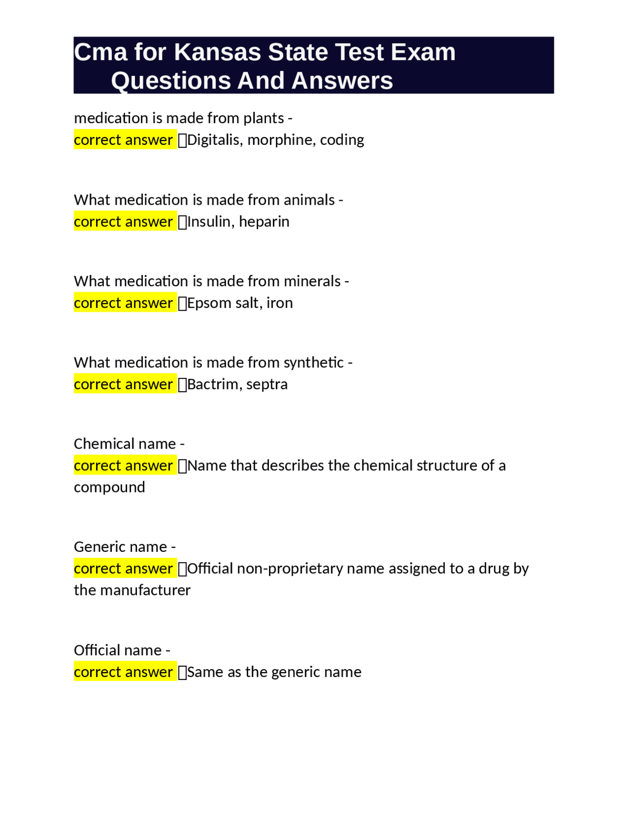 Cma for Kansas State Test Exam Questions And Answers | Exams Medicine ...
