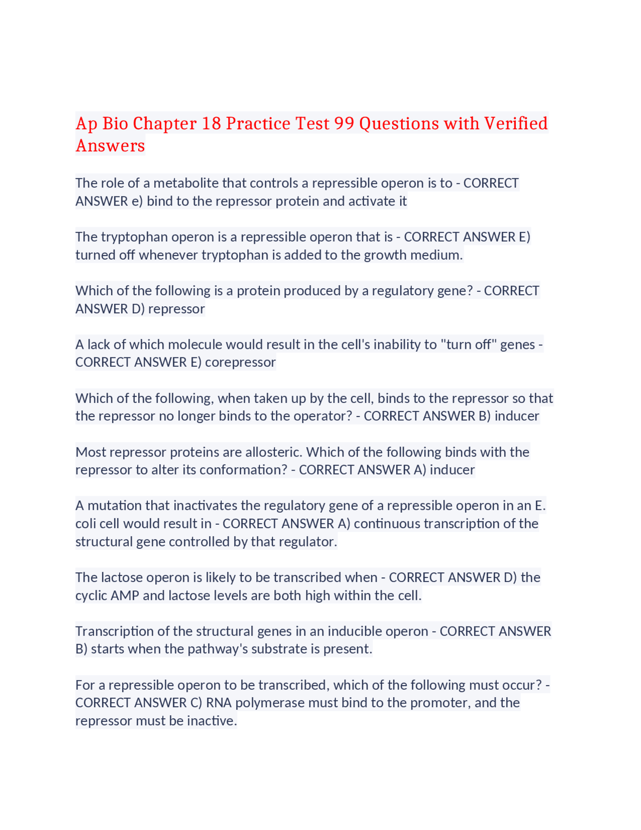 Ap Bio Chapter 18 Practice Test 99 Questions with Verified Answers,100% ...