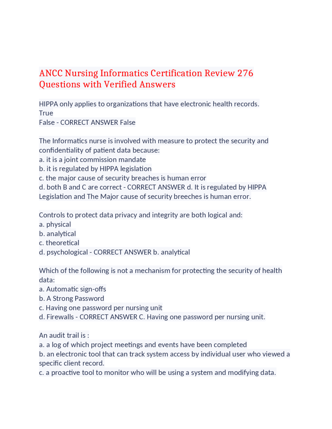 ANCC Nursing Informatics Certification Review 276 Questions with ...