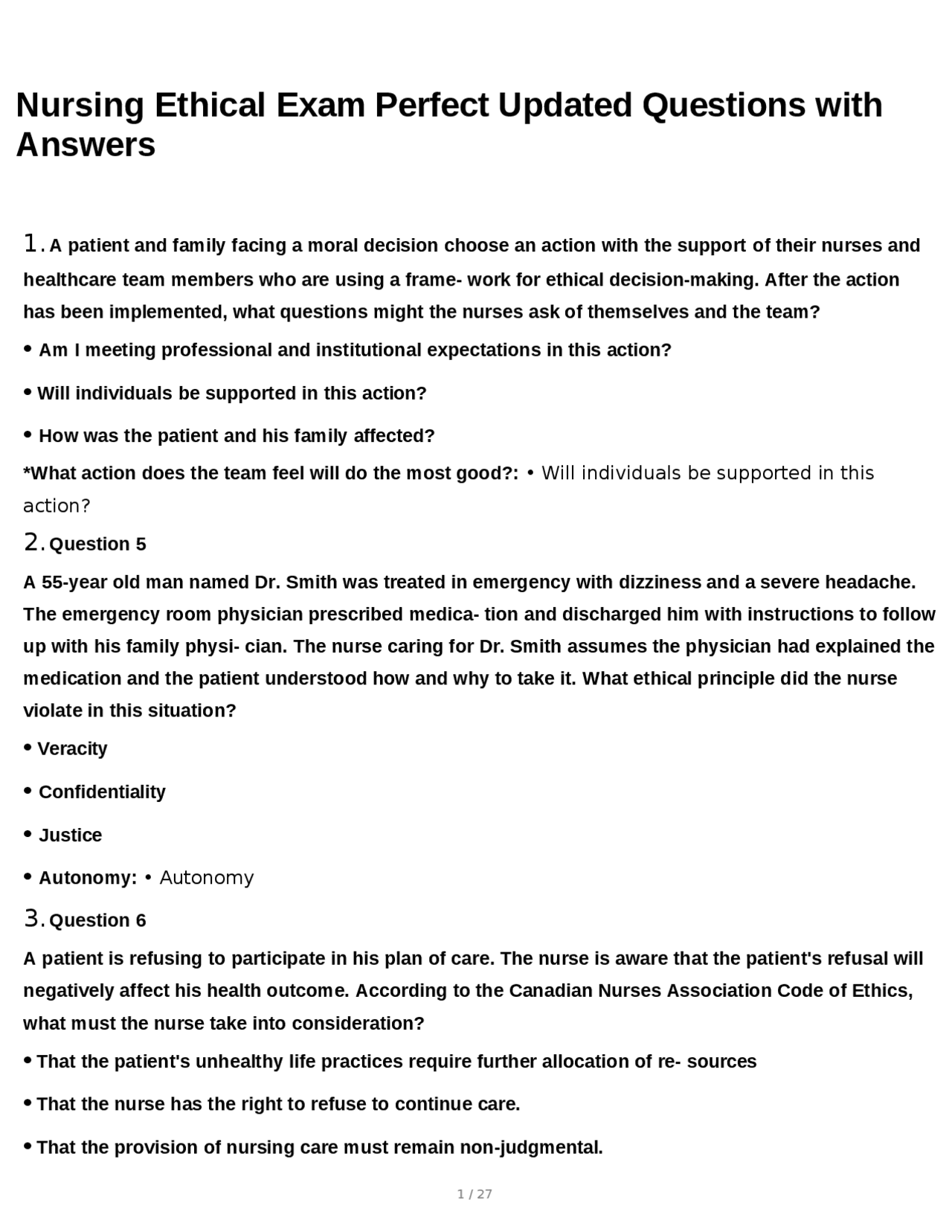 Nursing Ethical Exam Perfect Updated Questions with Answers | Exams ...