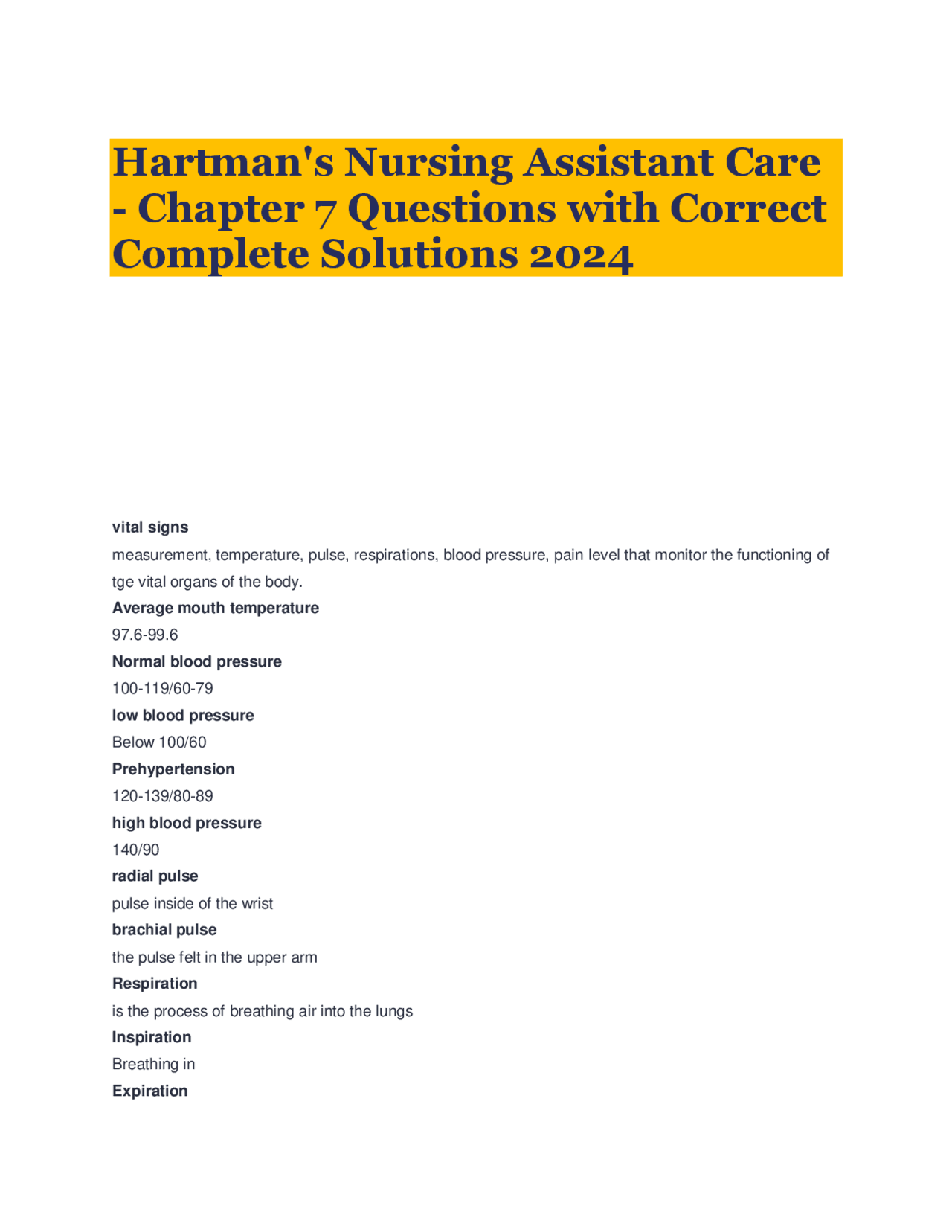 Vital Signs Measurement and Nursing Care | Exams Nursing | Docsity