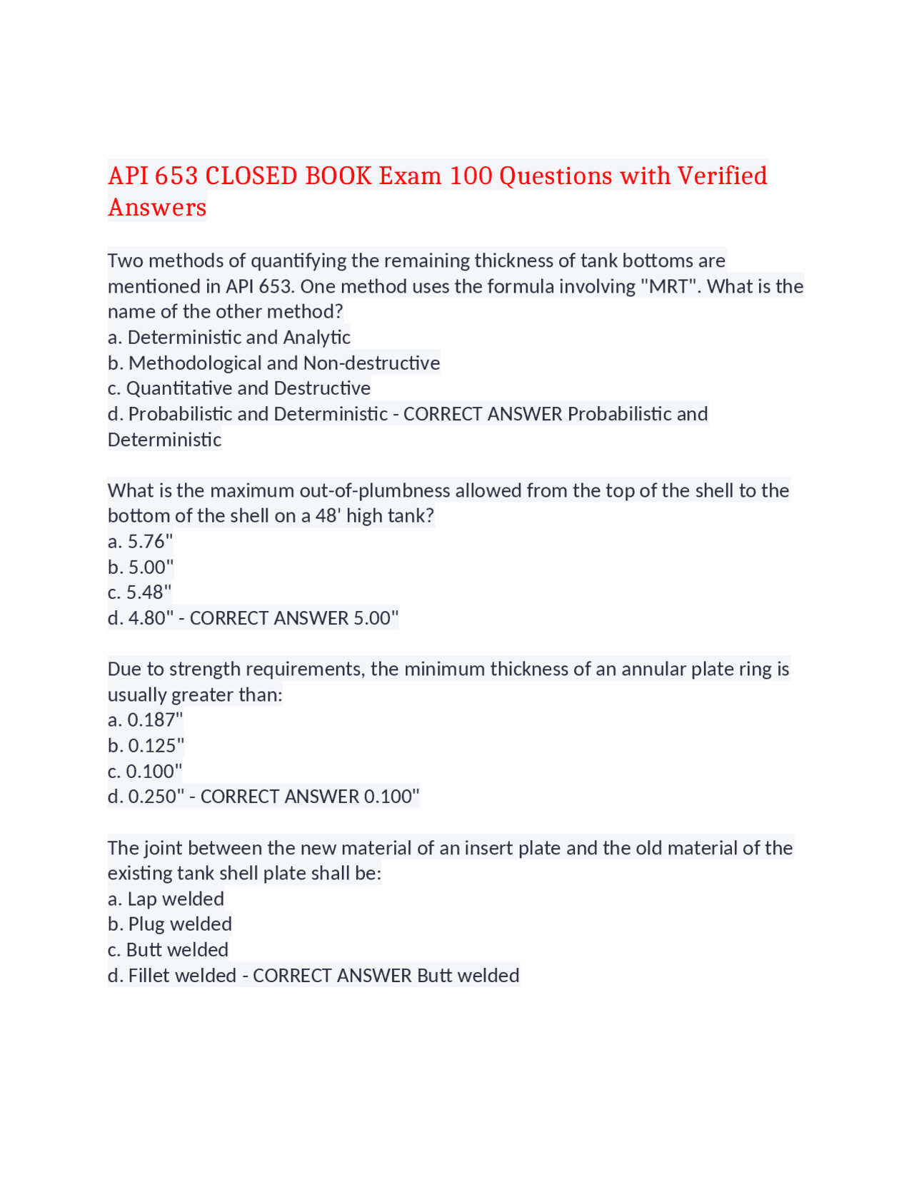 API 653 CLOSED BOOK Exam 100 Questions with Verified Answers,100% ...