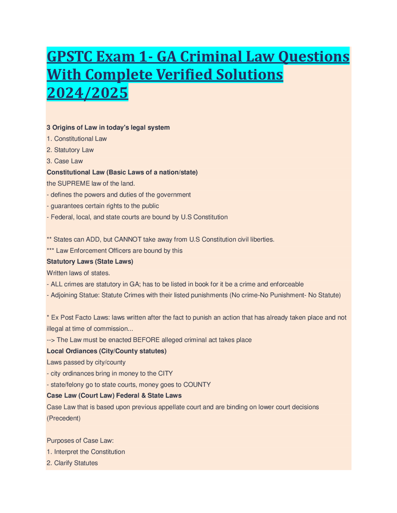GPSTC Exam 1- GA Criminal Law Questions With Complete Verified Solutions 2024/2025 | Exams Law ...