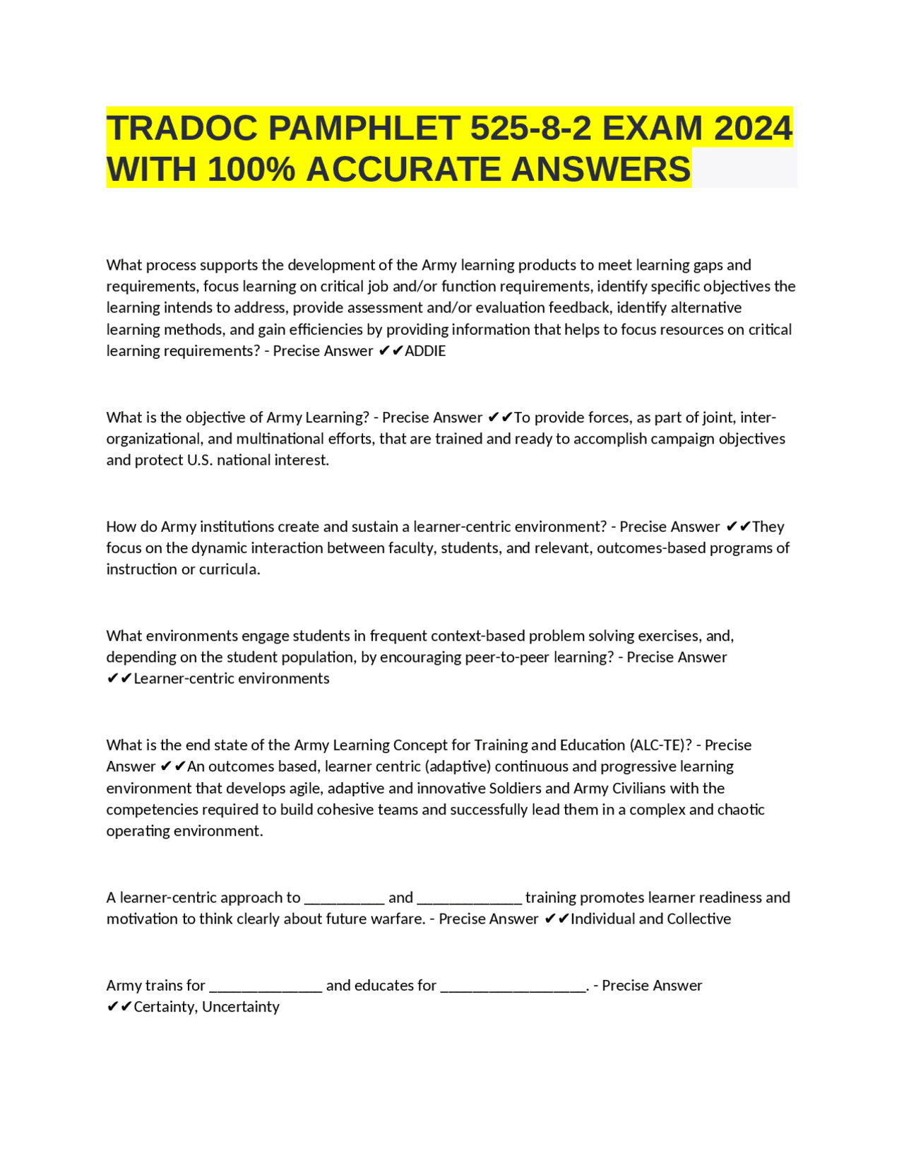 TRADOC PAMPHLET 525-8-2 EXAM 2024 WITH 100% ACCURATE ANSWERS | Exams ...