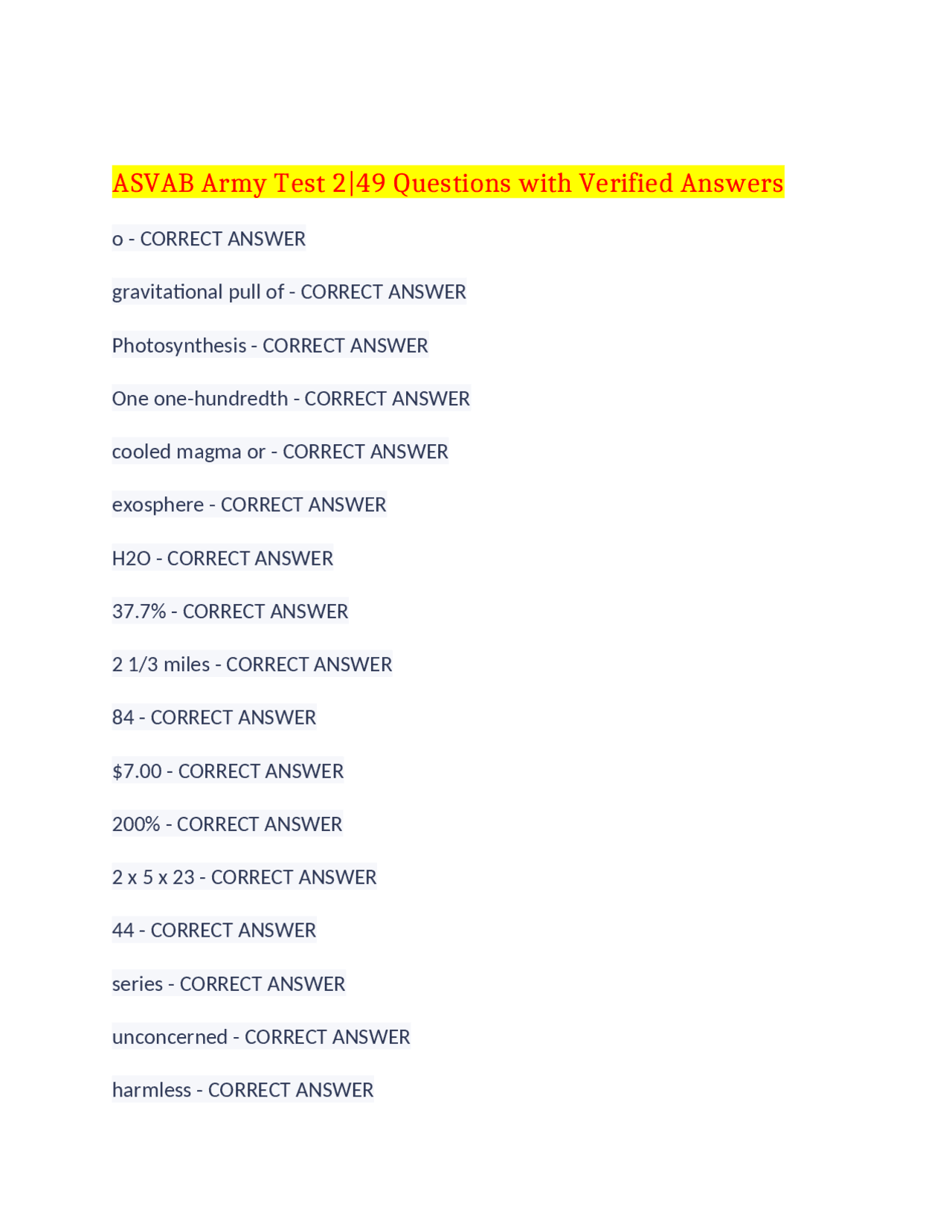 ASVAB Army Test 2 Questions with Verified Answers,100% CORRECT | Exams ...