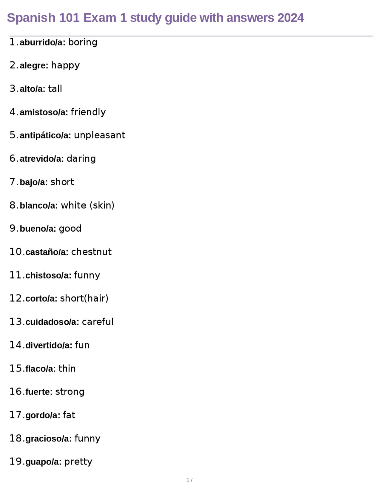 Spanish 101 Exam 1 study guide with answers 2024 | Exams Nursing | Docsity
