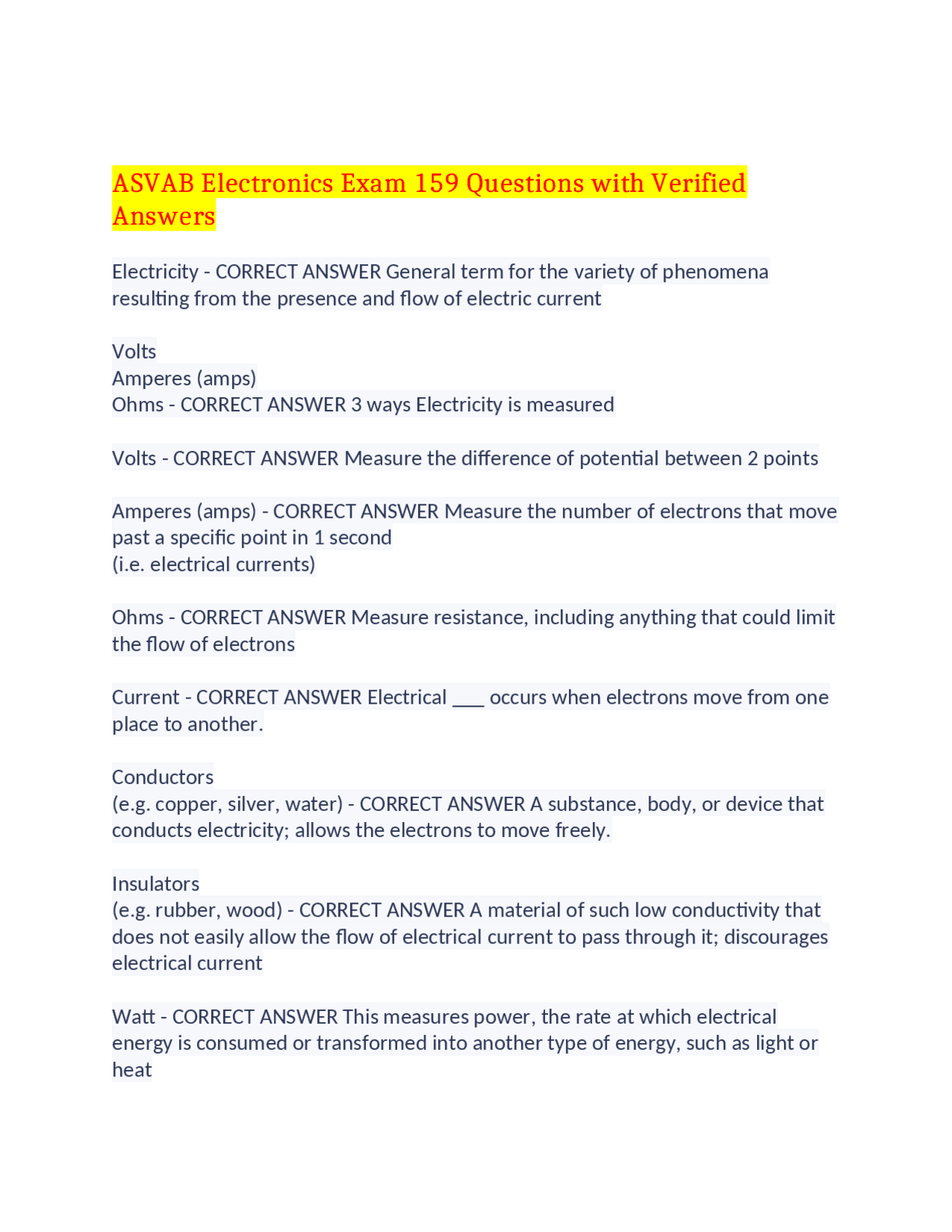 ASVAB Electronics Exam 159 Questions with Verified Answers,100% CORRECT | Exams Nursing | Docsity