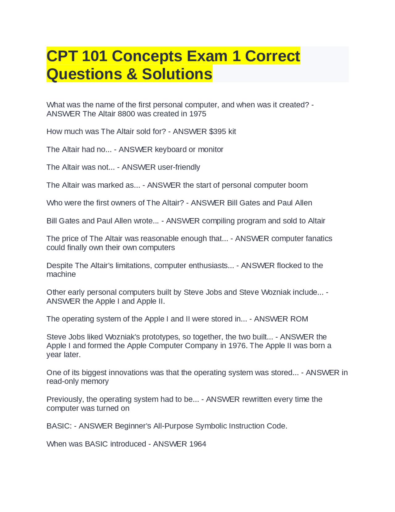 CPT 101 Concepts Exam 1 Correct Questions & Solutions | Exams Nursing ...