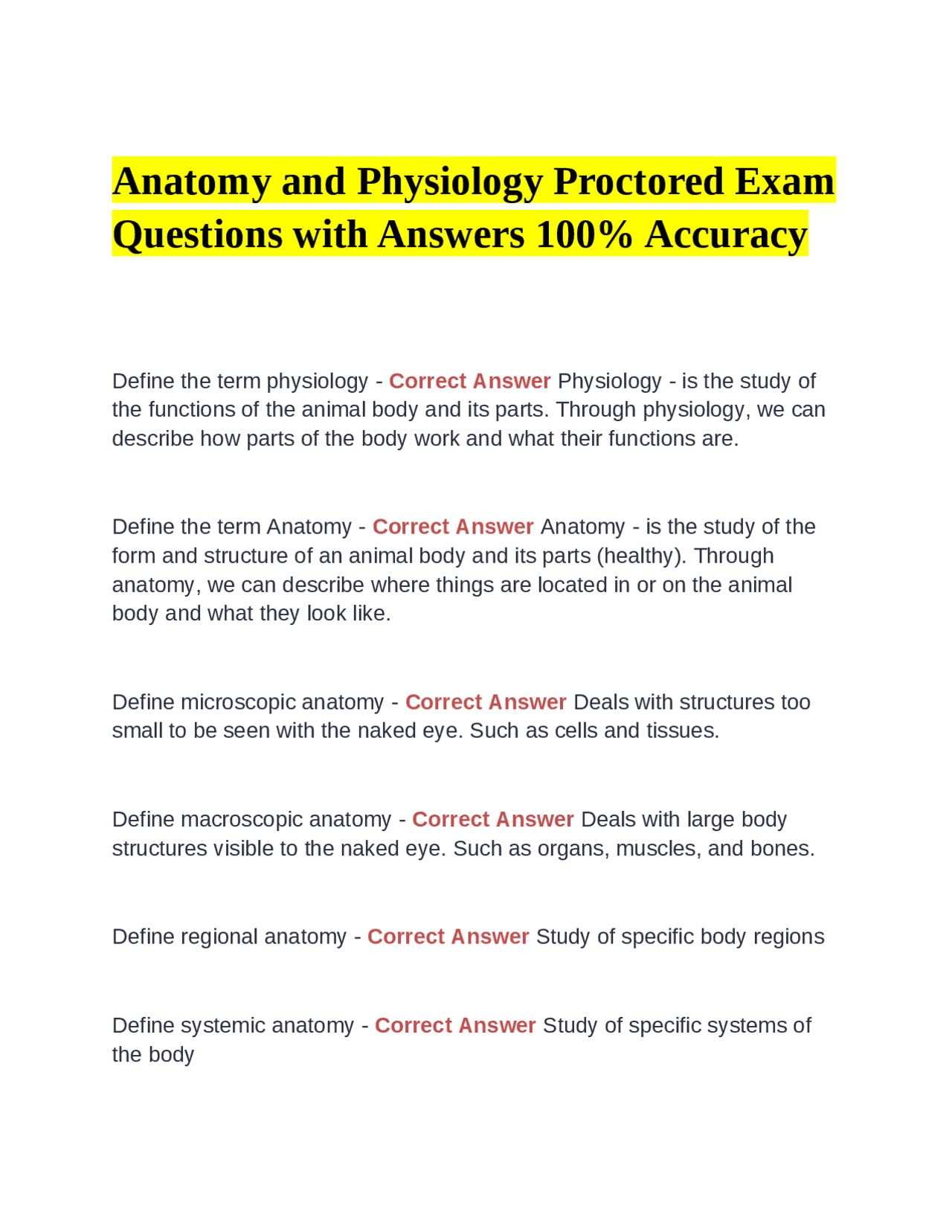 Anatomy and Physiology Proctored Exam Questions with Answers 100% ...