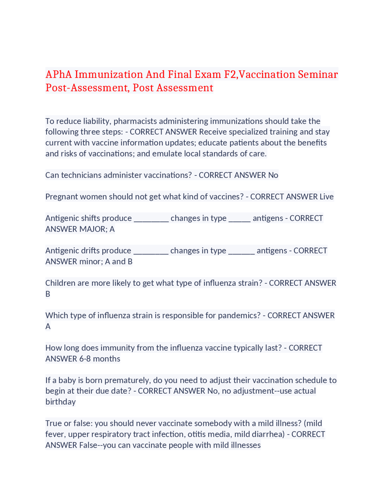 APhA Immunization And Final Exam F2 Questions with Verified Answers,100 ...