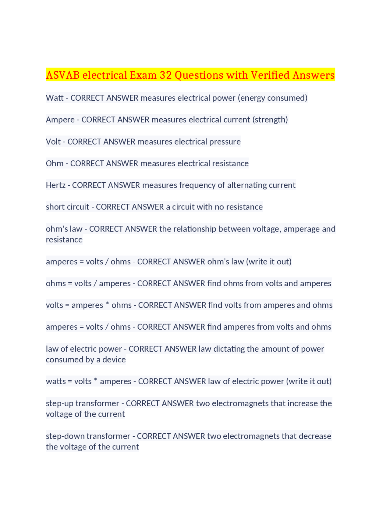 ASVAB electrical Exam 32 Questions with Verified Answers,100% CORRECT ...