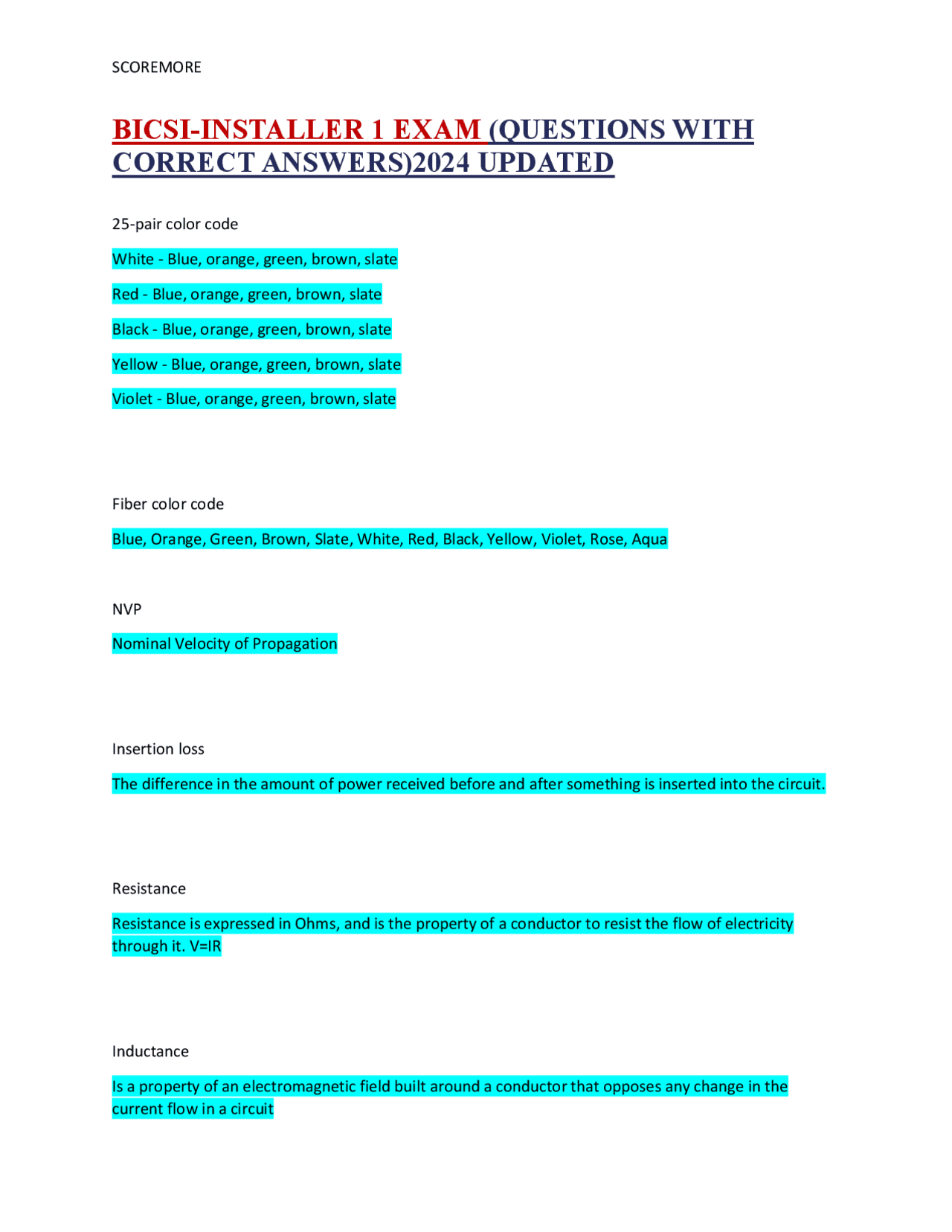 BICSI-INSTALLER 1 EXAM (QUESTIONS WITH CORRECT ANSWERS)2024 UPDATED ...