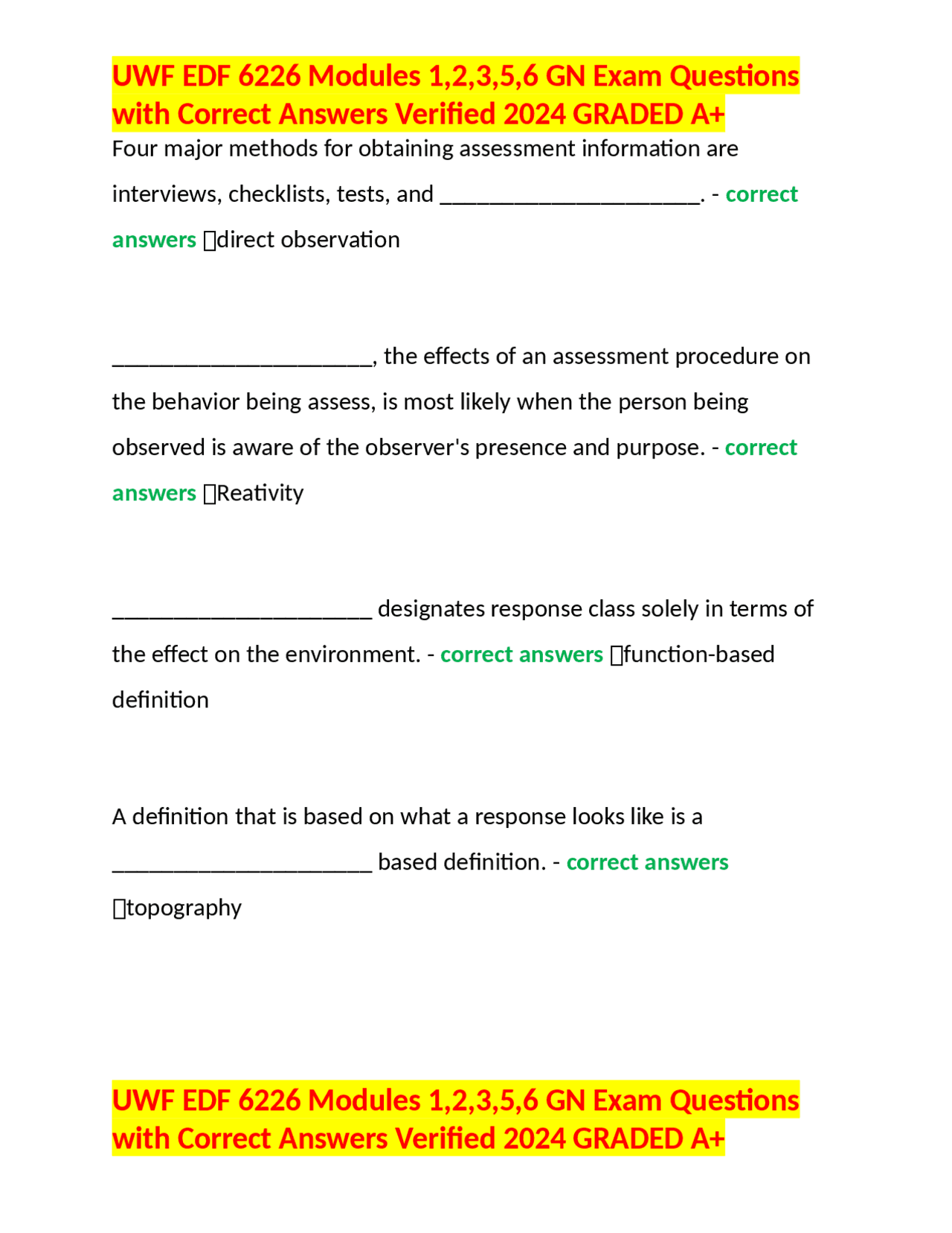 UWF EDF 6226 Modules 1,2,3,5,6 GN Exam Questions with Correct Answers ...