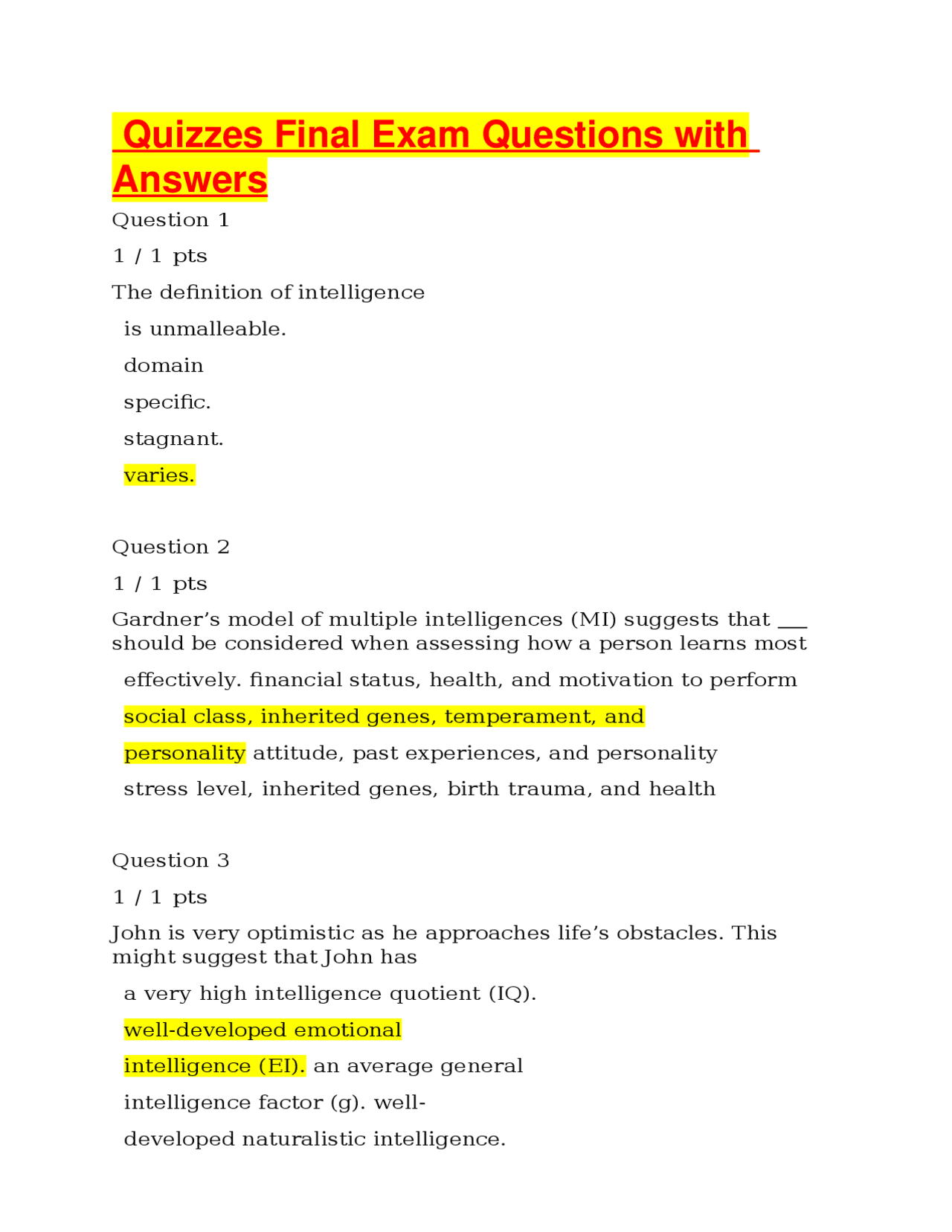 Quizzes Final Exam Questions with Answers | Exams Psychology | Docsity