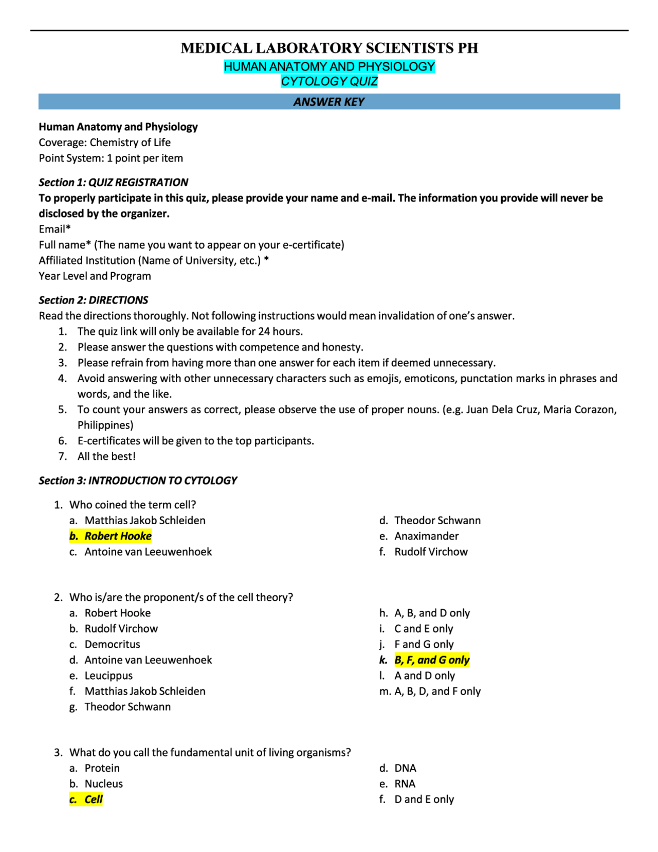 MEDICAL LABORATORY SCIENTISTS PH HUMAN ANATOMY AND PHYSIOLOGY CYTOLOGY QUIZ | Exams Nursing ...