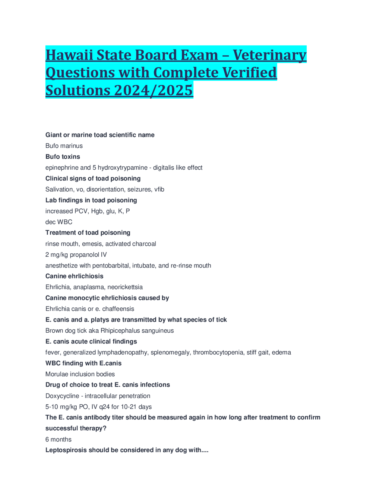 Hawaii State Board Exam – Veterinary Questions with Complete Verified ...