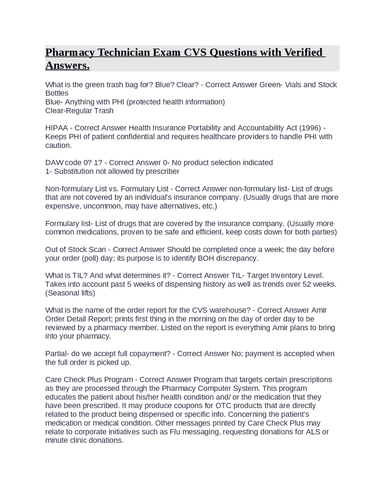 Pharmacy Technician Exam CVS Questions with Verified Answers. | Exams ...