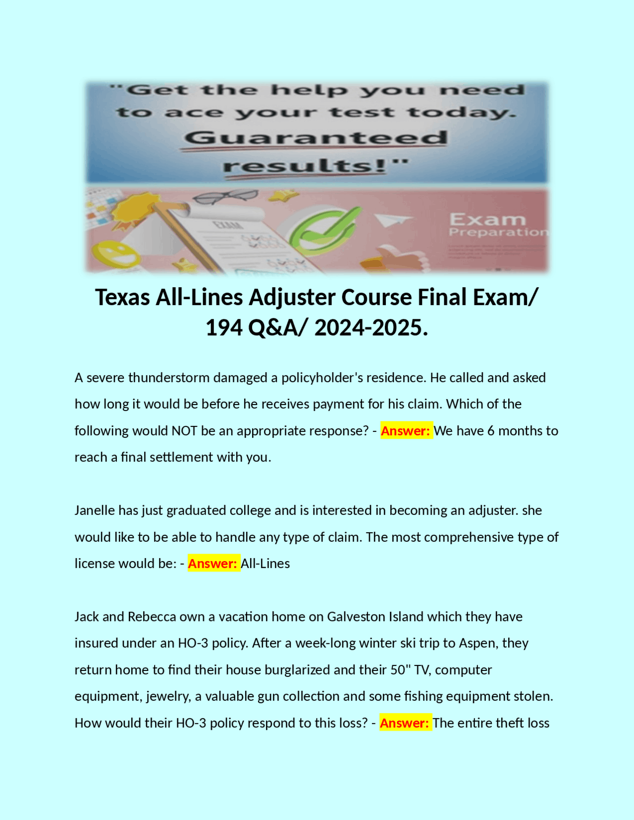 Texas All-Lines Adjuster Course Final Exam/ 194 Q&A/ 2024-2025. | Exams ...
