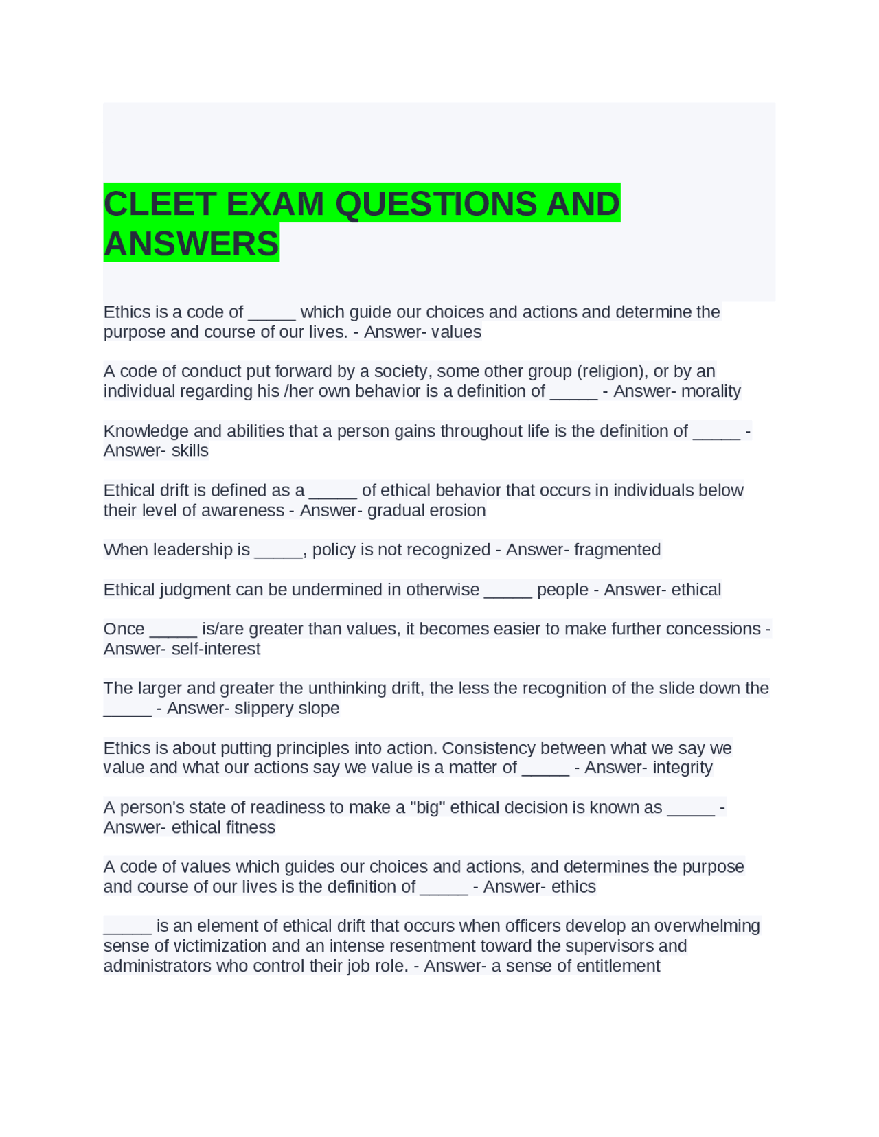 CLEET EXAM QUESTIONS AND ANSWERS | Exams Advanced Education | Docsity
