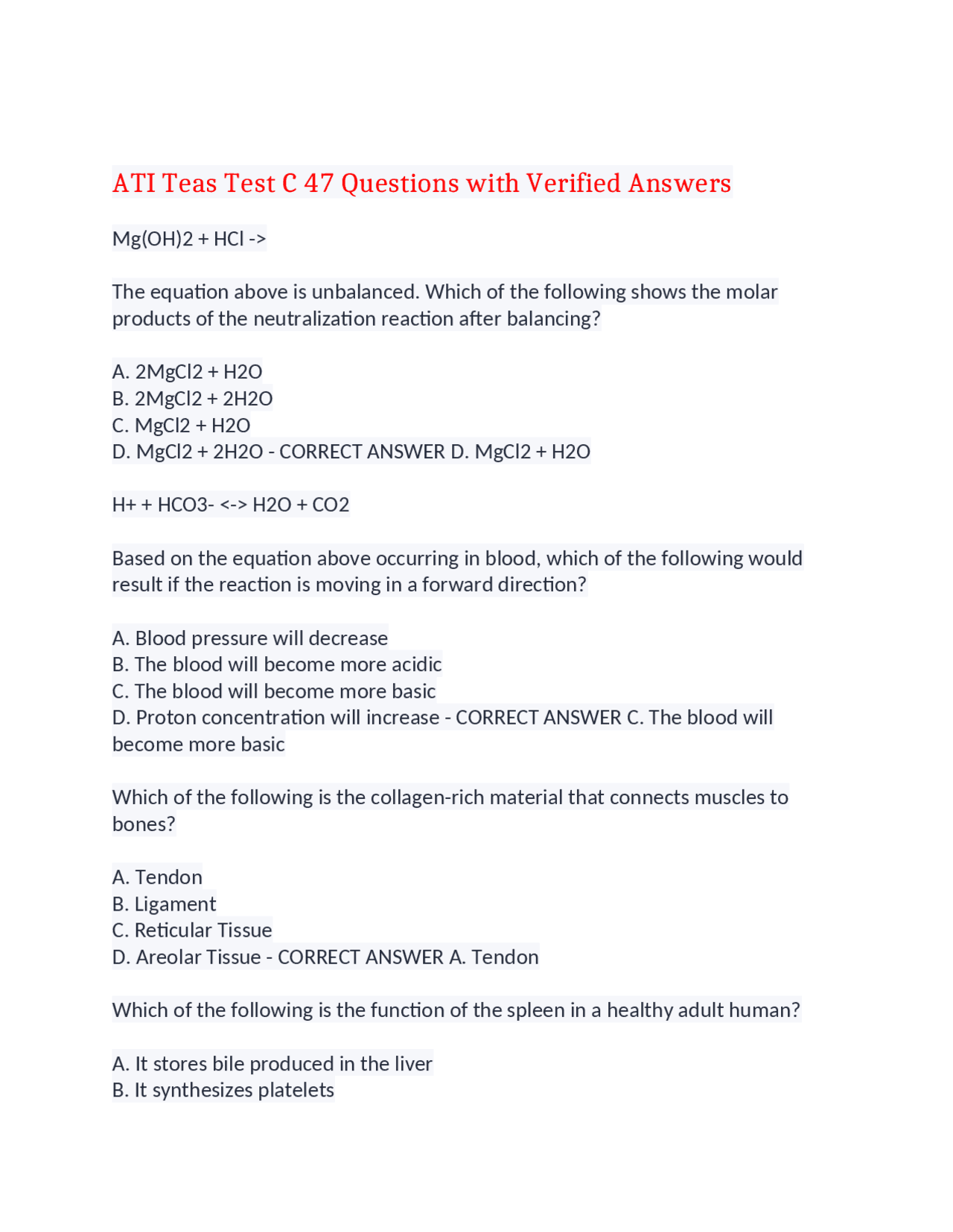 ATI Teas Test C 47 Questions with Verified Answers,100% CORRECT | Exams ...