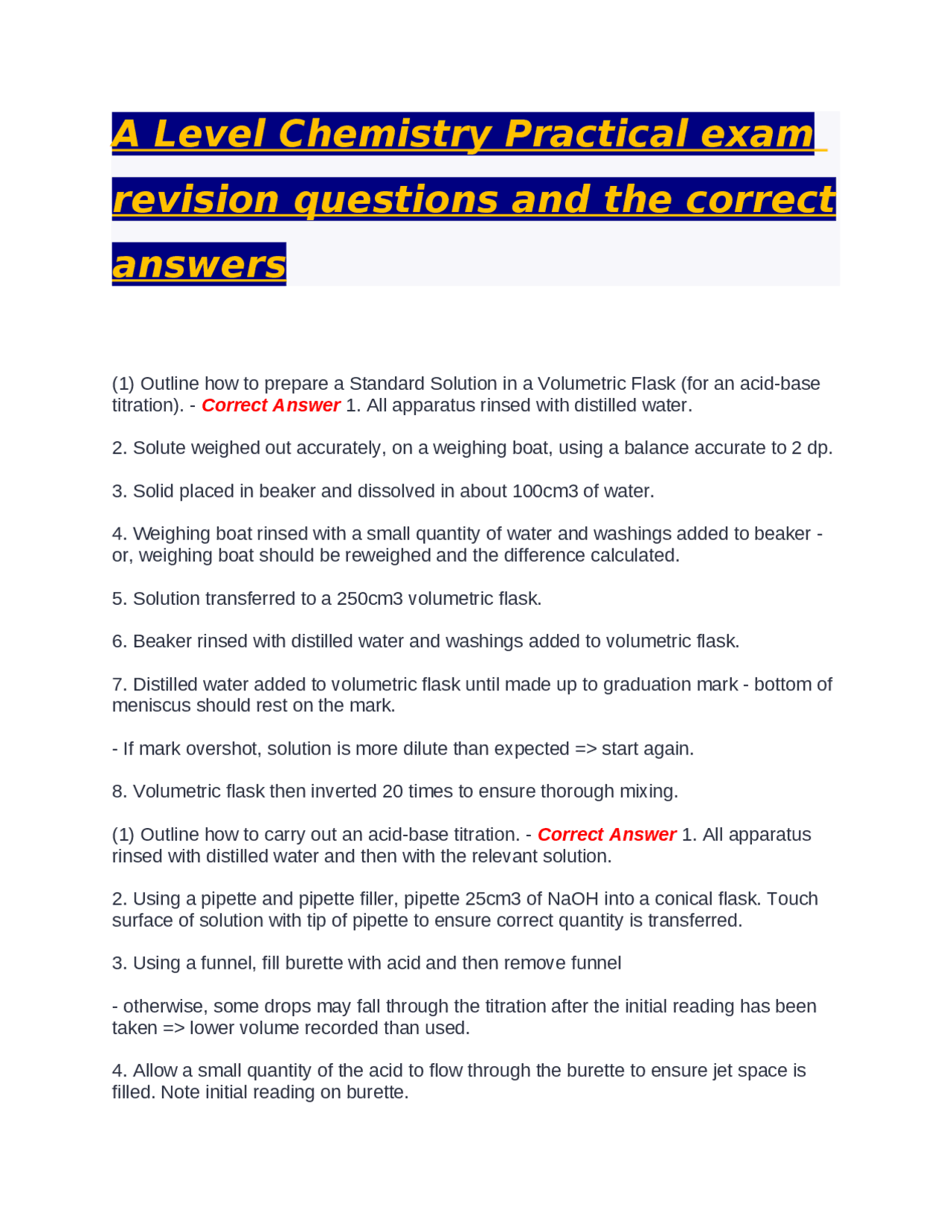 A Level Chemistry Practical exam revision questions and the correct ...