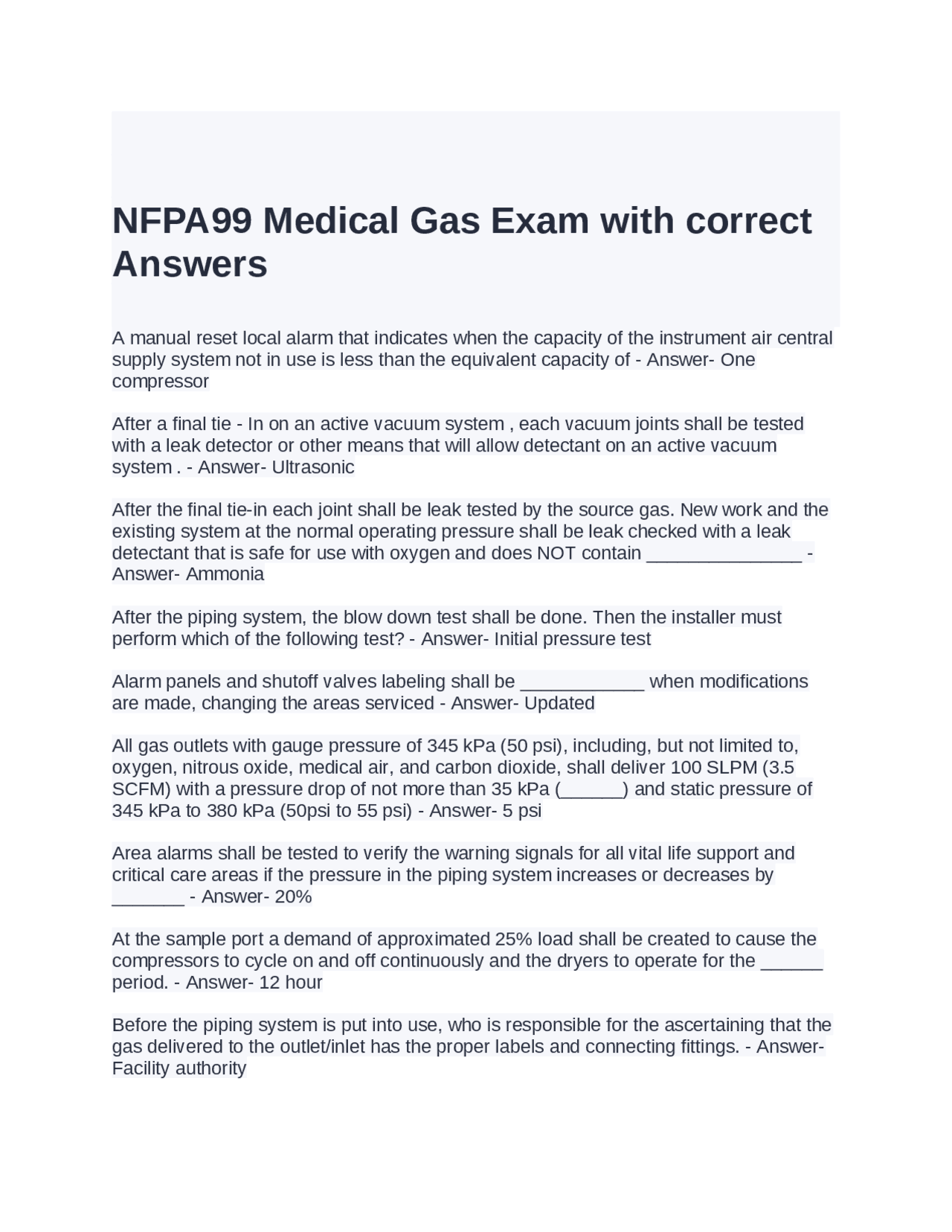 NFPA99 Medical Gas Exam with Correct Answers | Exams Advanced Education ...