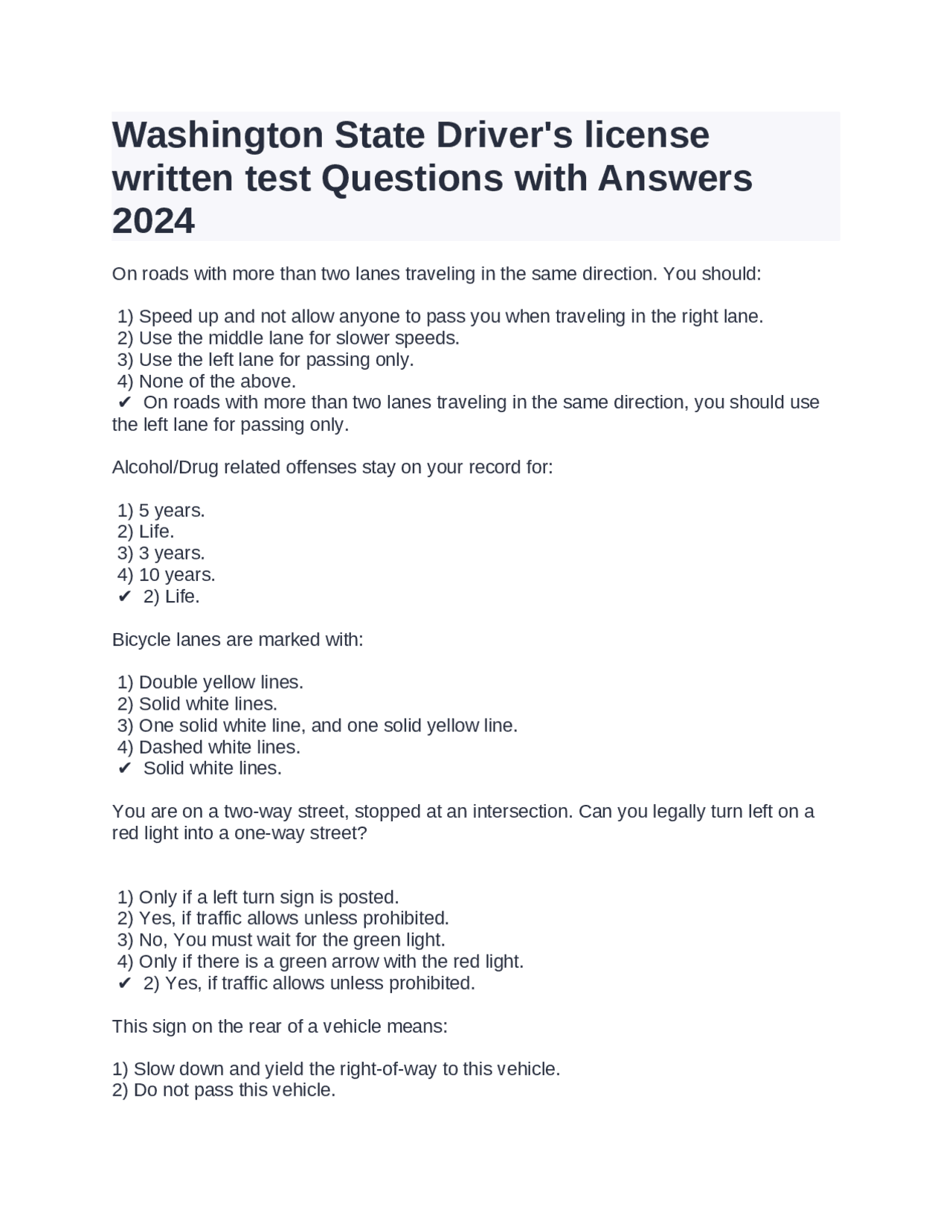 Washington State Driver's license written test Questions with Answers ...