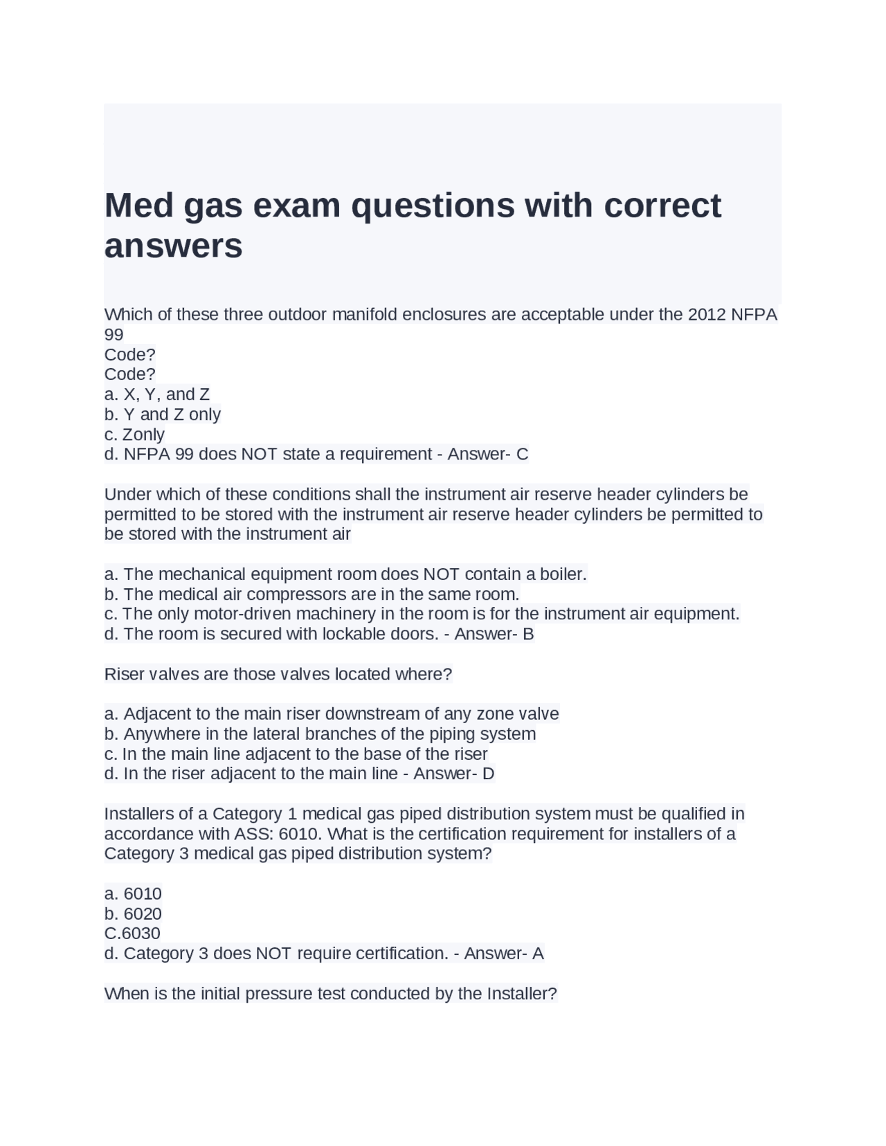 Medical Gas Exam Questions with Correct Answers | Exams Advanced ...