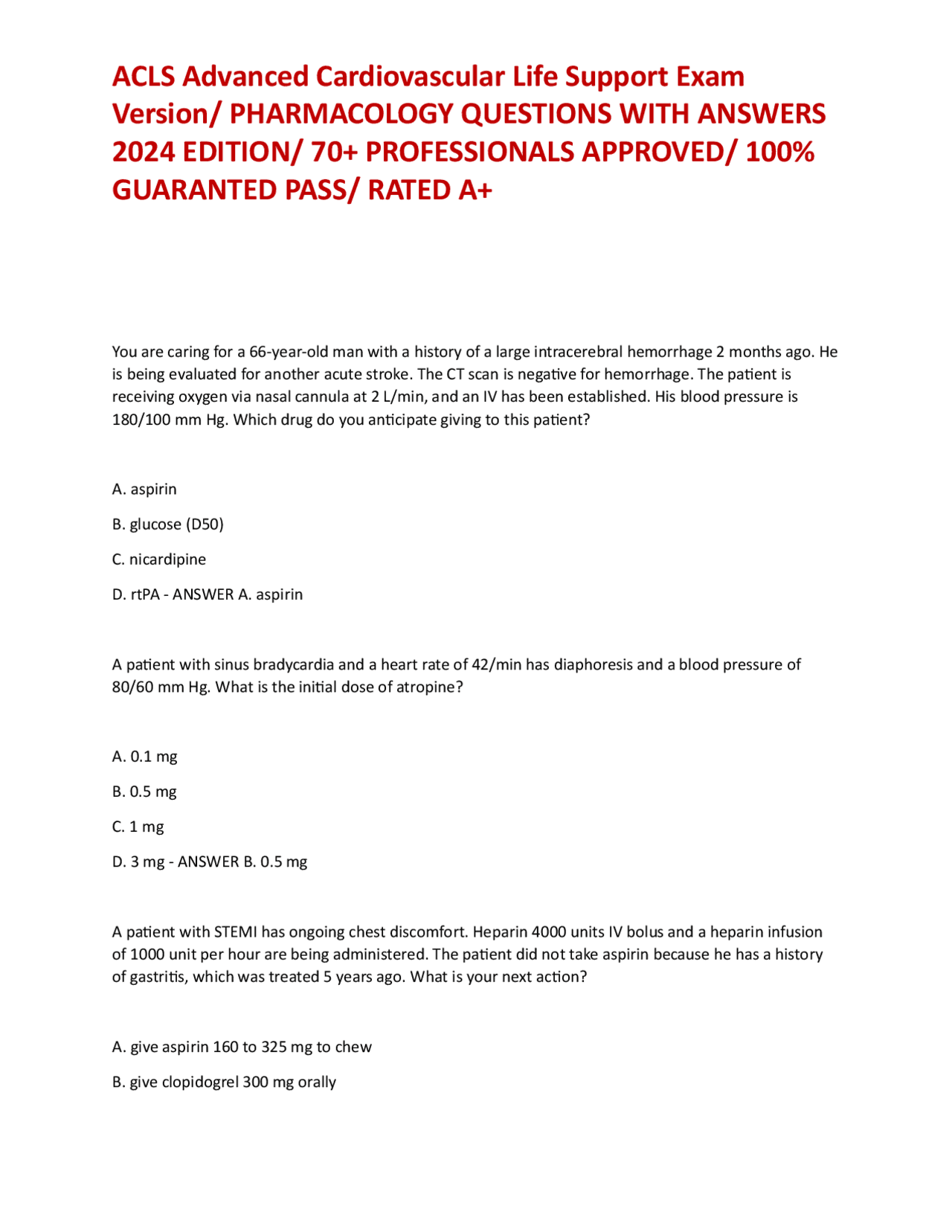 ACLS Advanced Cardiovascular Life Support Exam Version/ PHARMACOLOGY ...