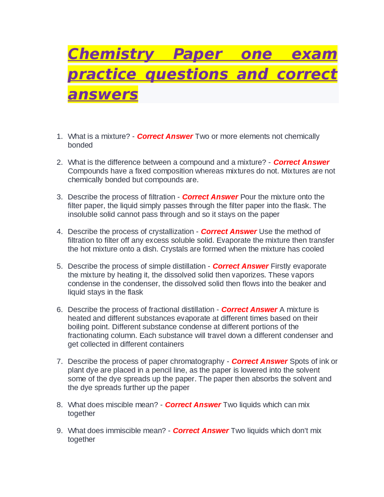 Chemistry Paper one exam practice questions and correct answers | Exams ...