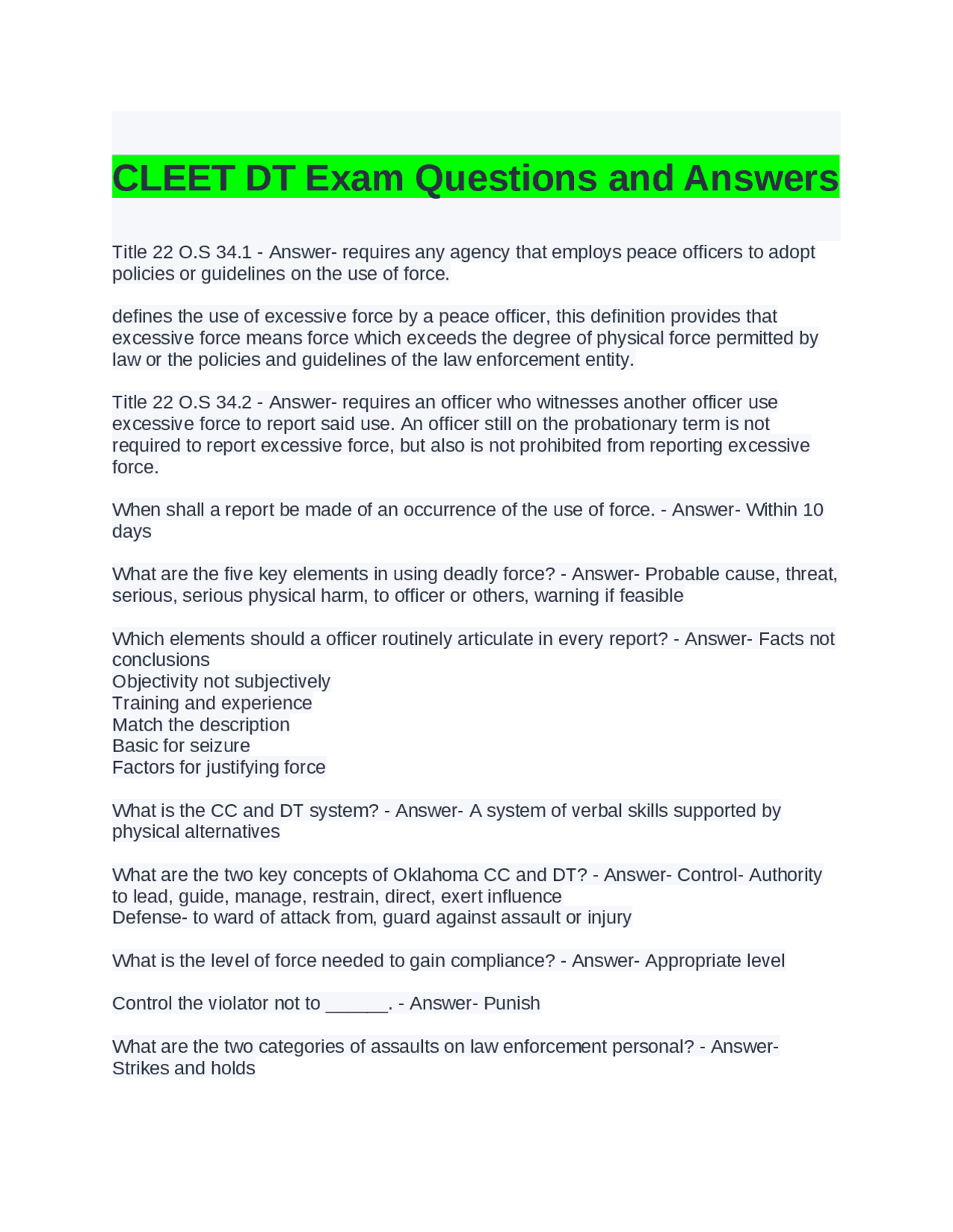 CLEET DT Exam Questions and Answers | Exams Advanced Education | Docsity