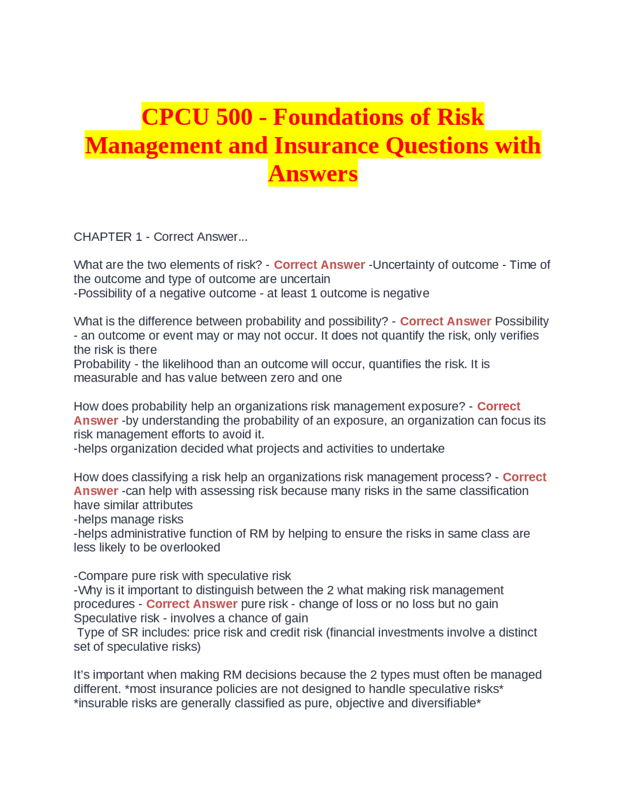 CPCU 500 - Foundations of Risk Management and Insurance Questions with ...