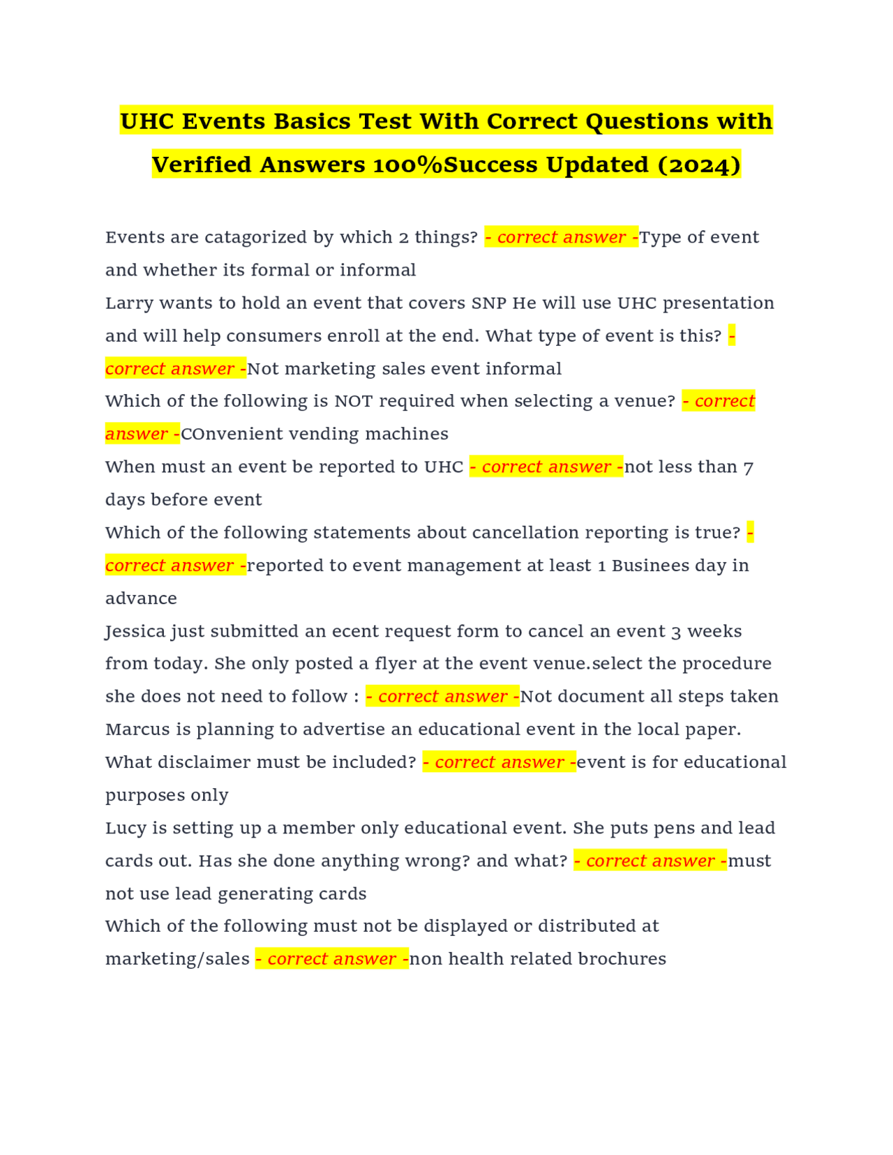 UHC Events Basics Test With Correct Questions with Verified Answers 100 ...