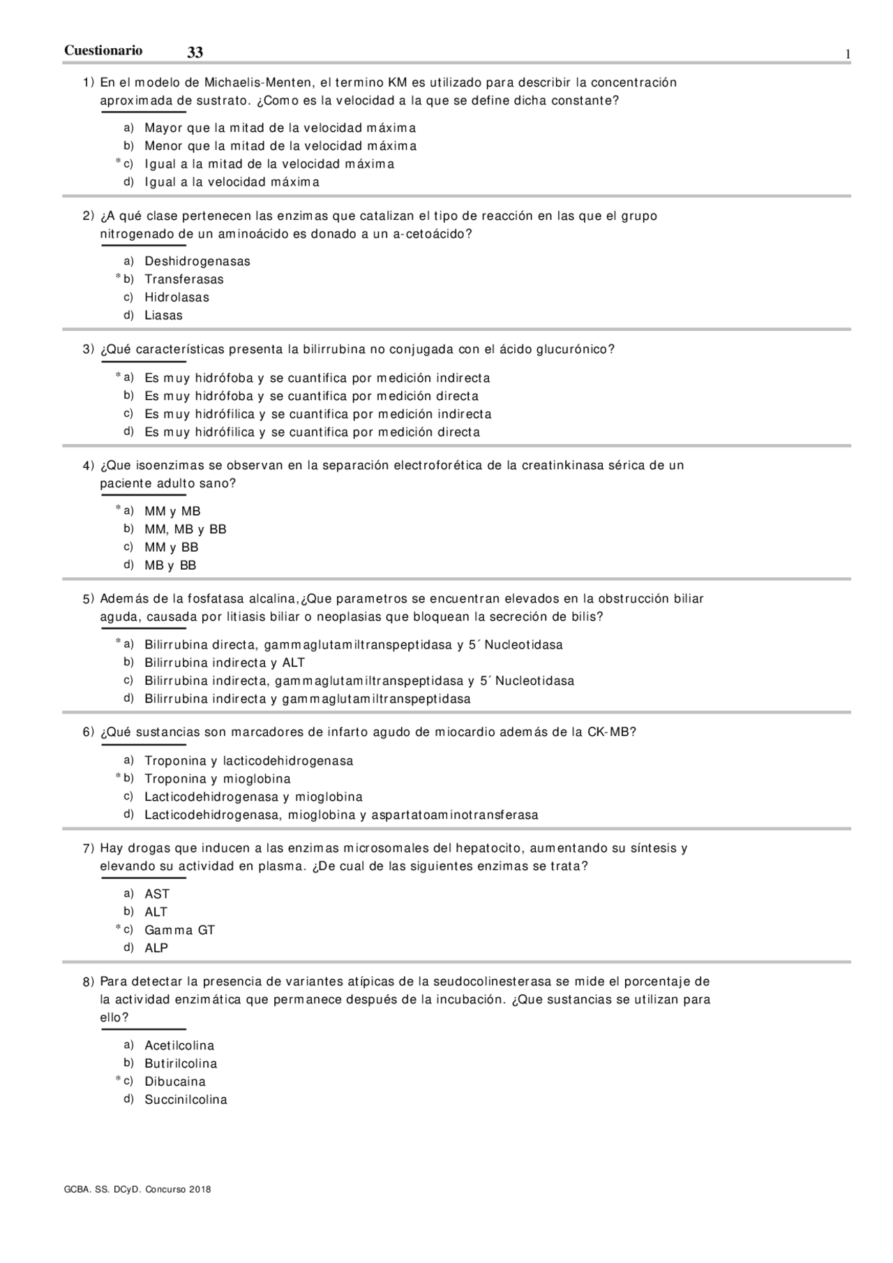 Examen de Residencia CABA 2018 | Exámenes de Bioquímica Médica | Docsity